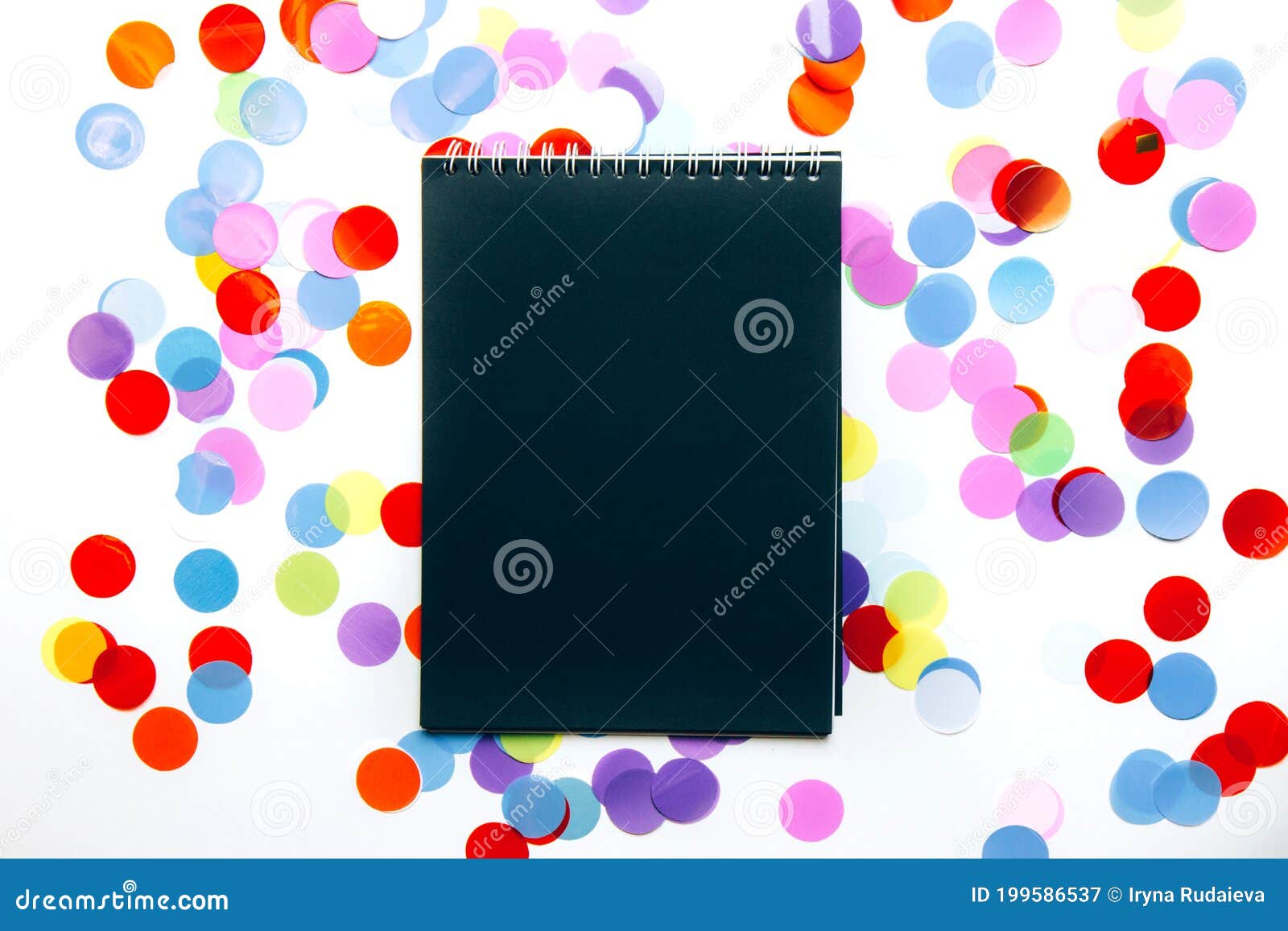 Confetti in the Form of Circles and Black Open Notebook Isolated on ...