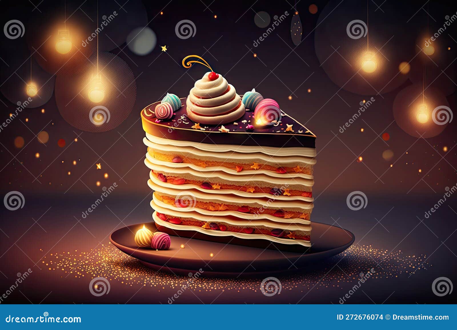 Festive Multilayer Sweet Birthday Cake on Illuminated Table Stock Photo ...
