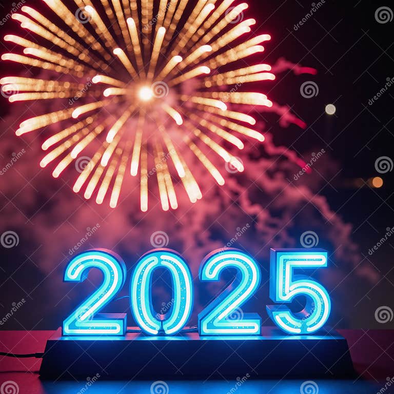 Festive Neon Sign with Firework Display Celebrates 2025 Stock ...