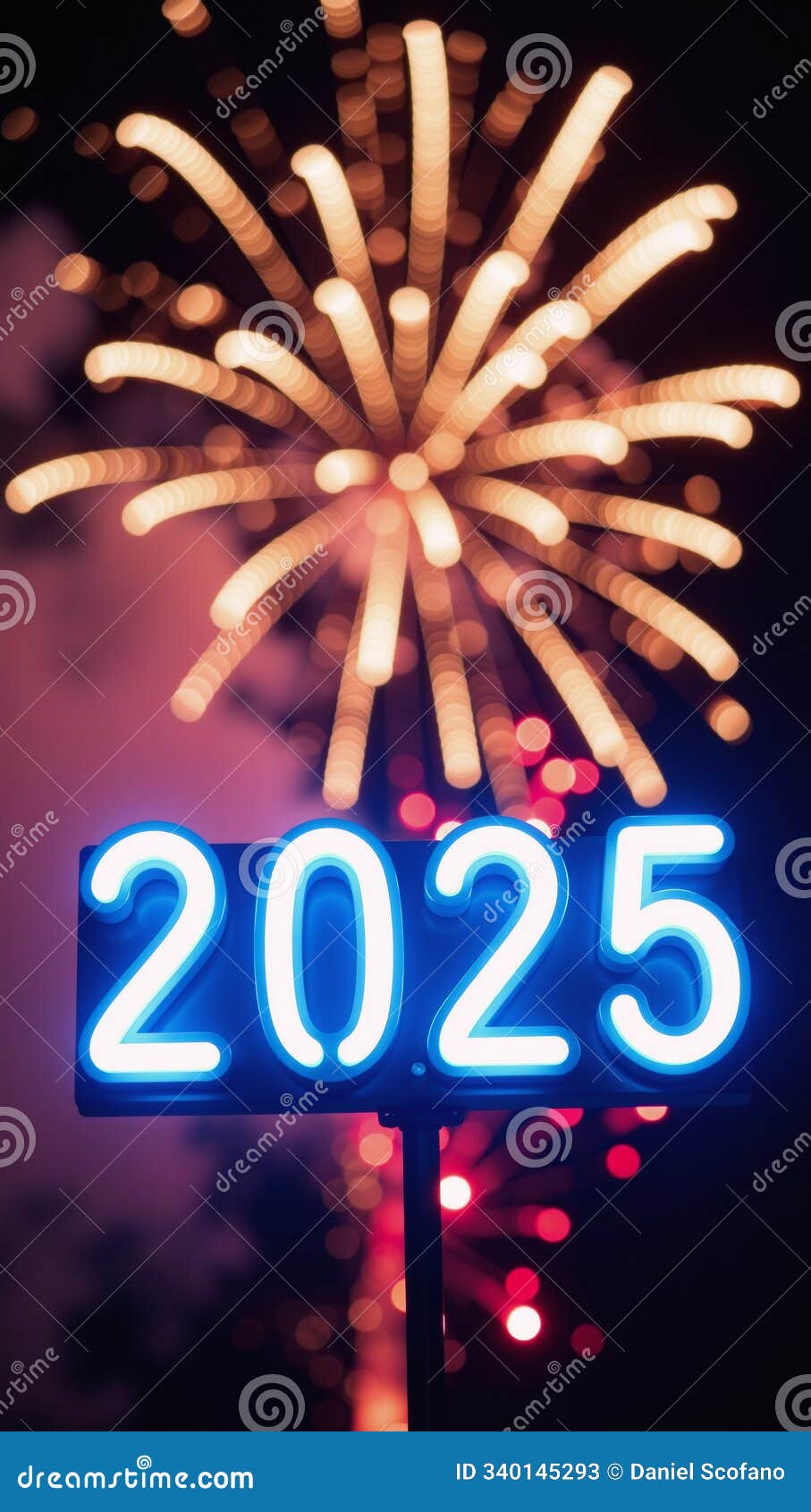 Festive Neon Sign with Firework Display Celebrates 2025 Stock ...