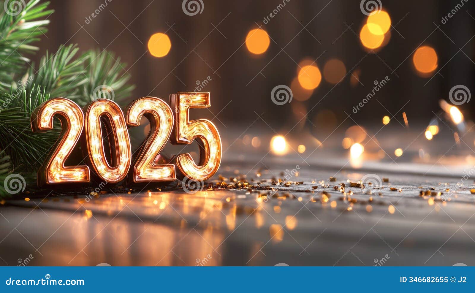 Festive 2025 New Year Celebration with Sparkling Lights and Pine Branch ...