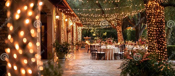 Festive Outdoor Dining Setting with String Lights, Stone Columns, and ...