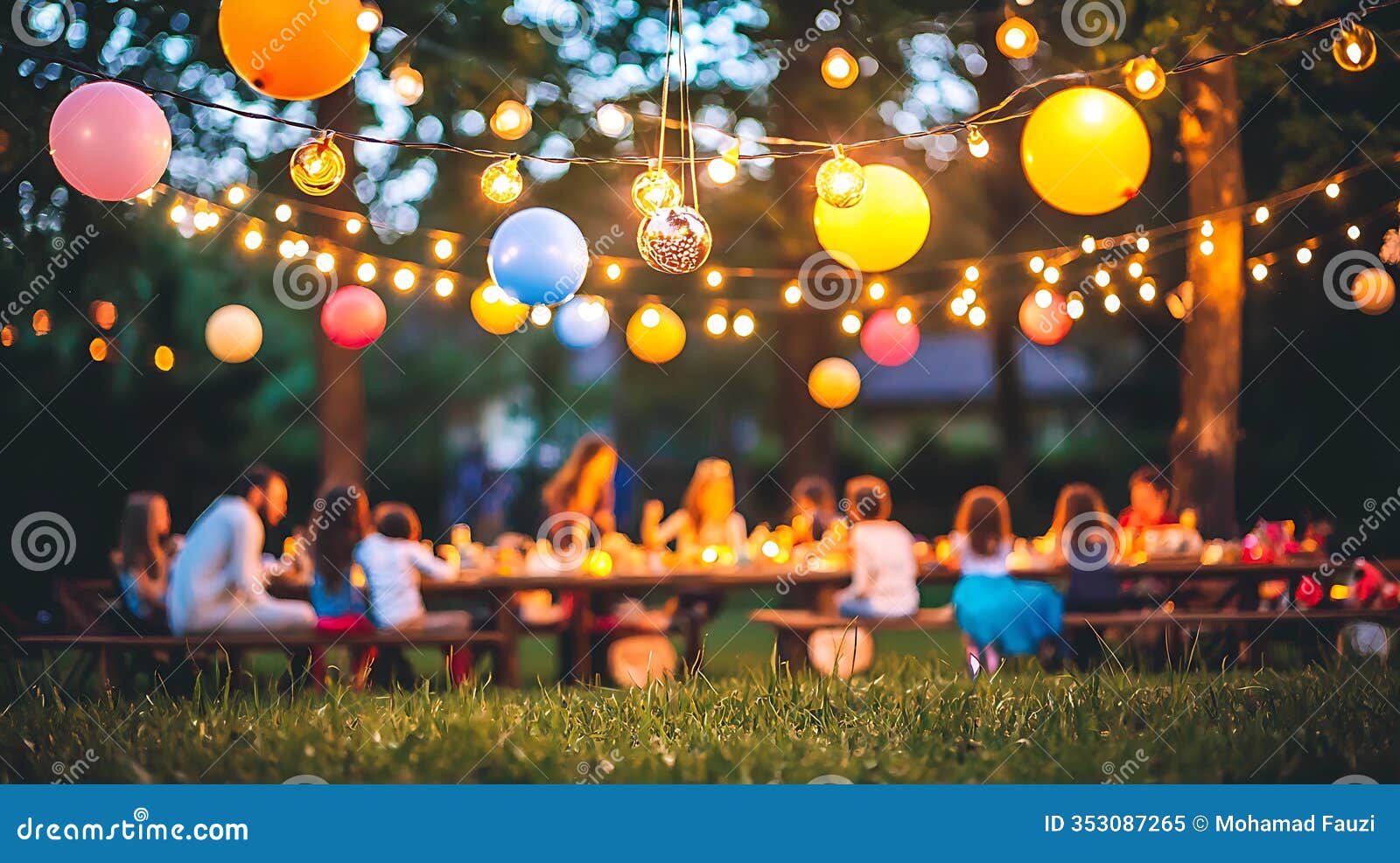 Festive Outdoor Dinner Party at Night with String Lights and Balloons ...