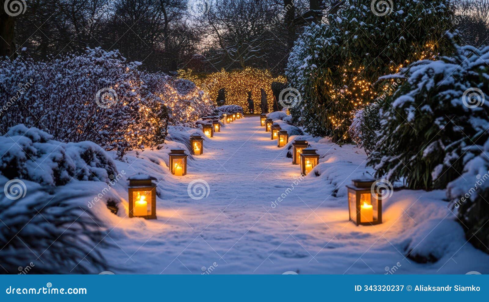 Festive Outdoor Lanterns Lighting a Snowy Garden Path Stock ...