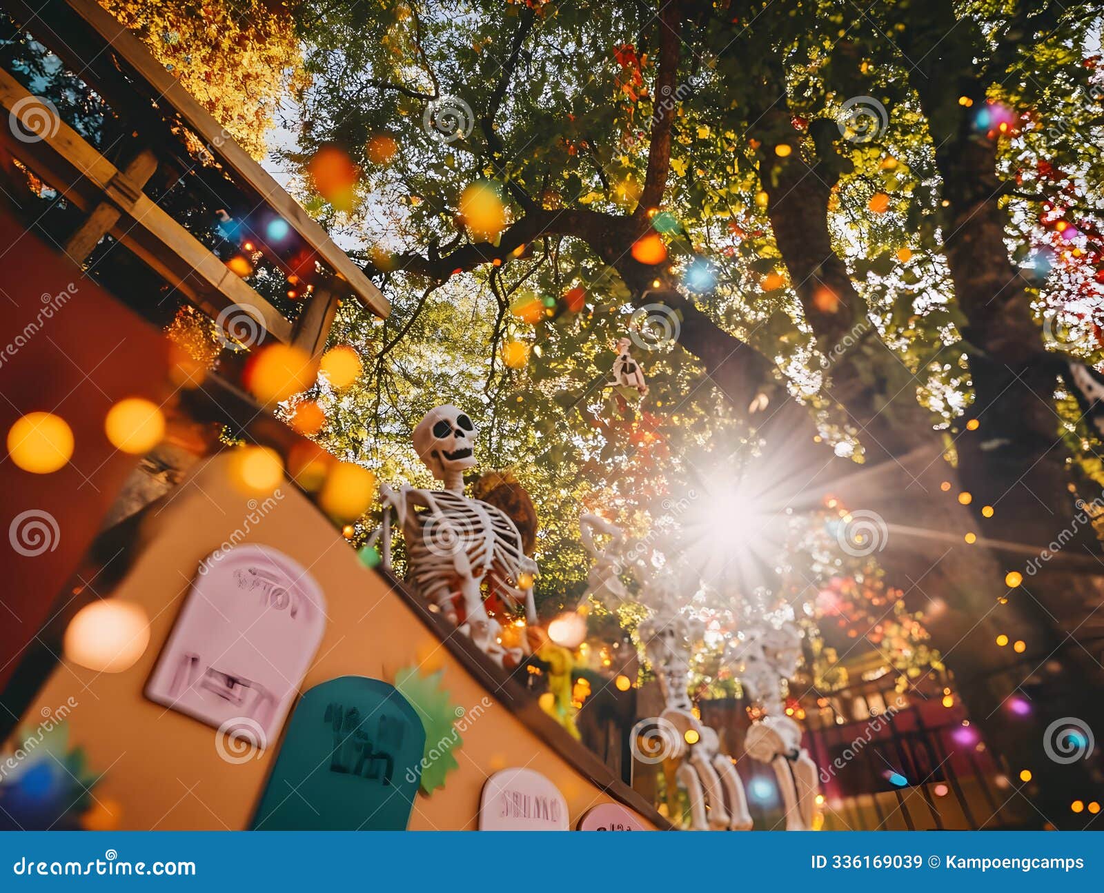 A Festive Outdoor Scene Featuring a Skeleton and Colorful Decorations ...