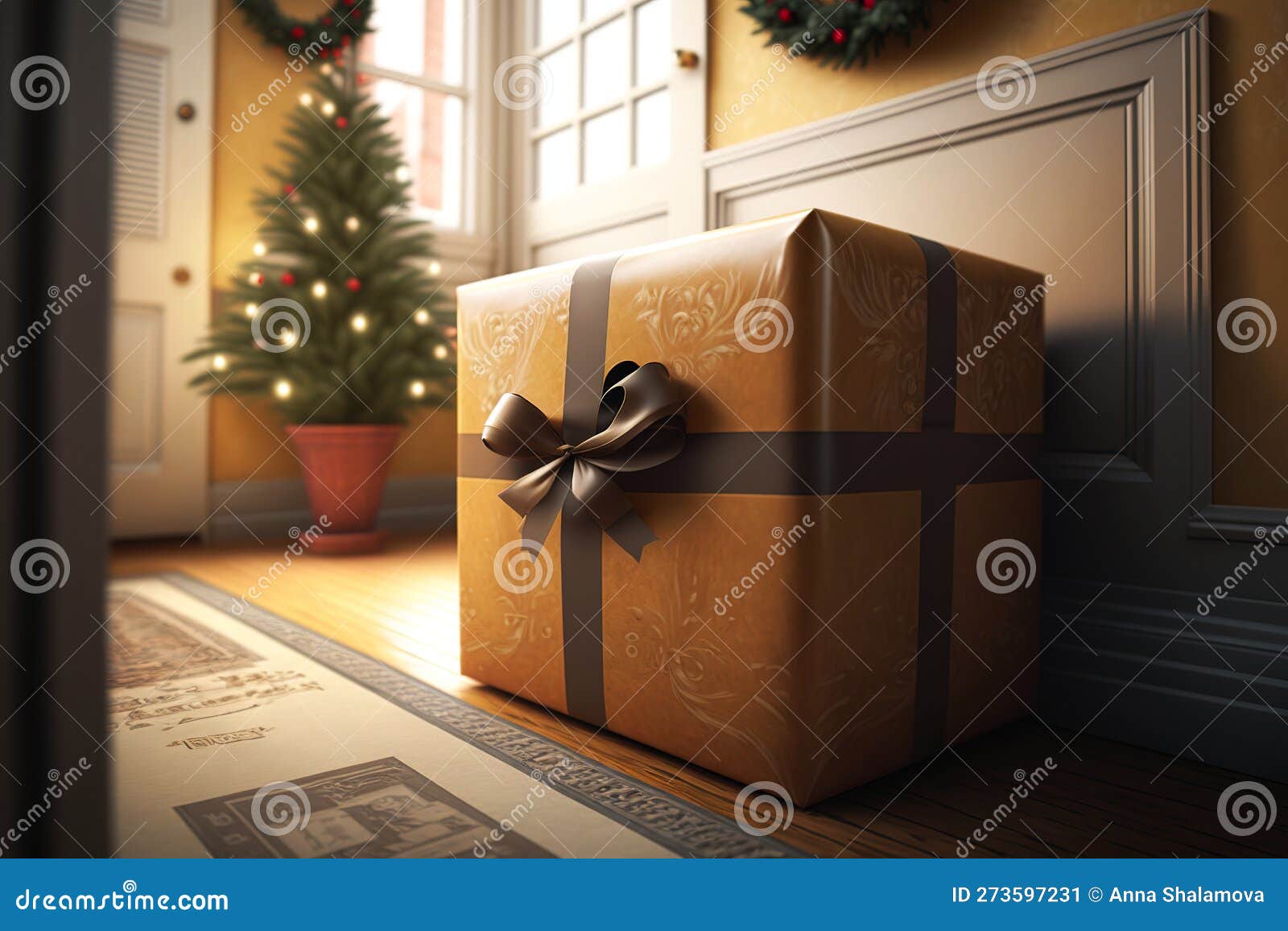 Festive Parcel Delivery at the Doorstep with a Christmas Theme Stock ...