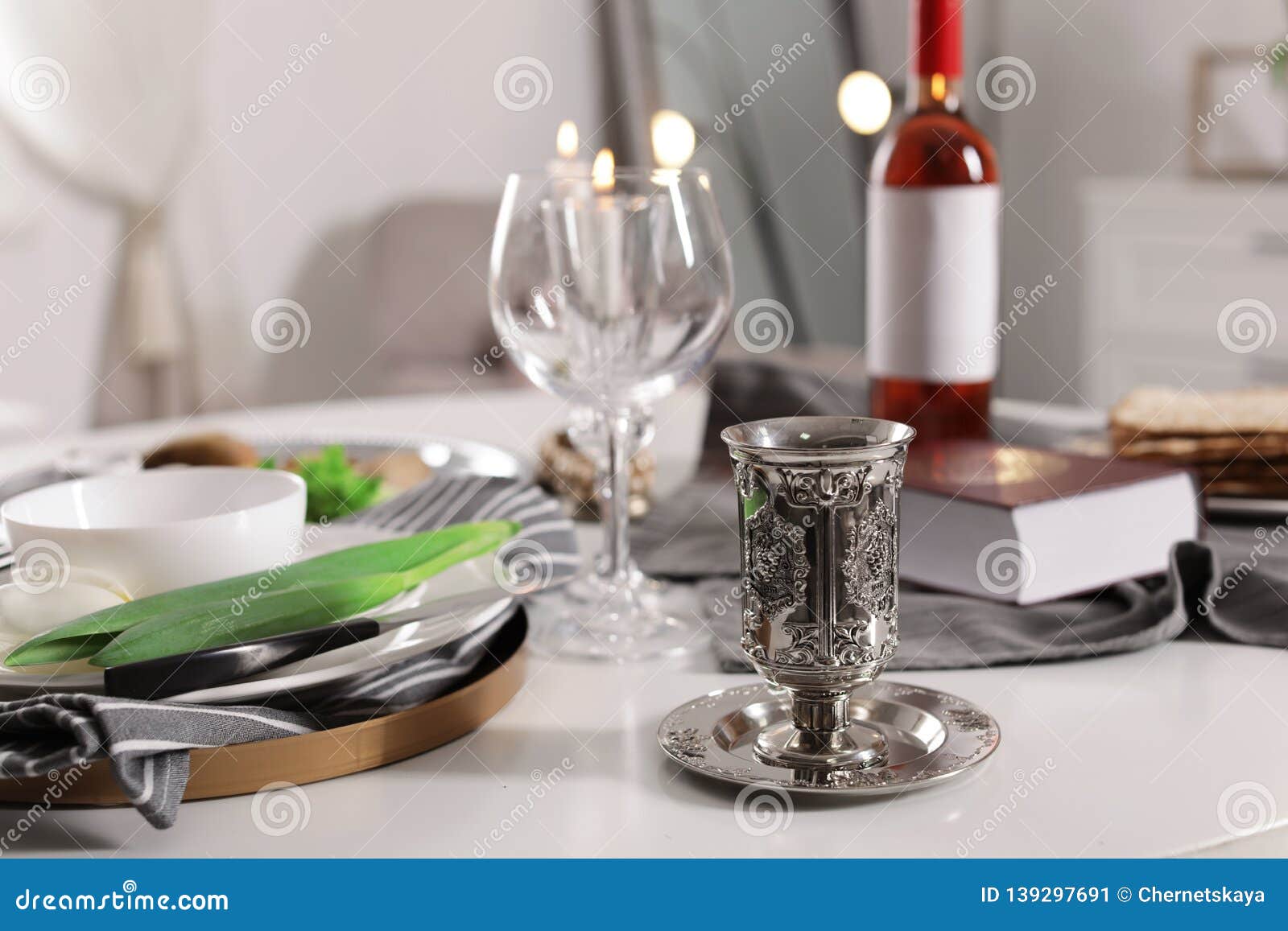 Festive Passover Table Setting at Home. Stock Image - Image of haggadah ...