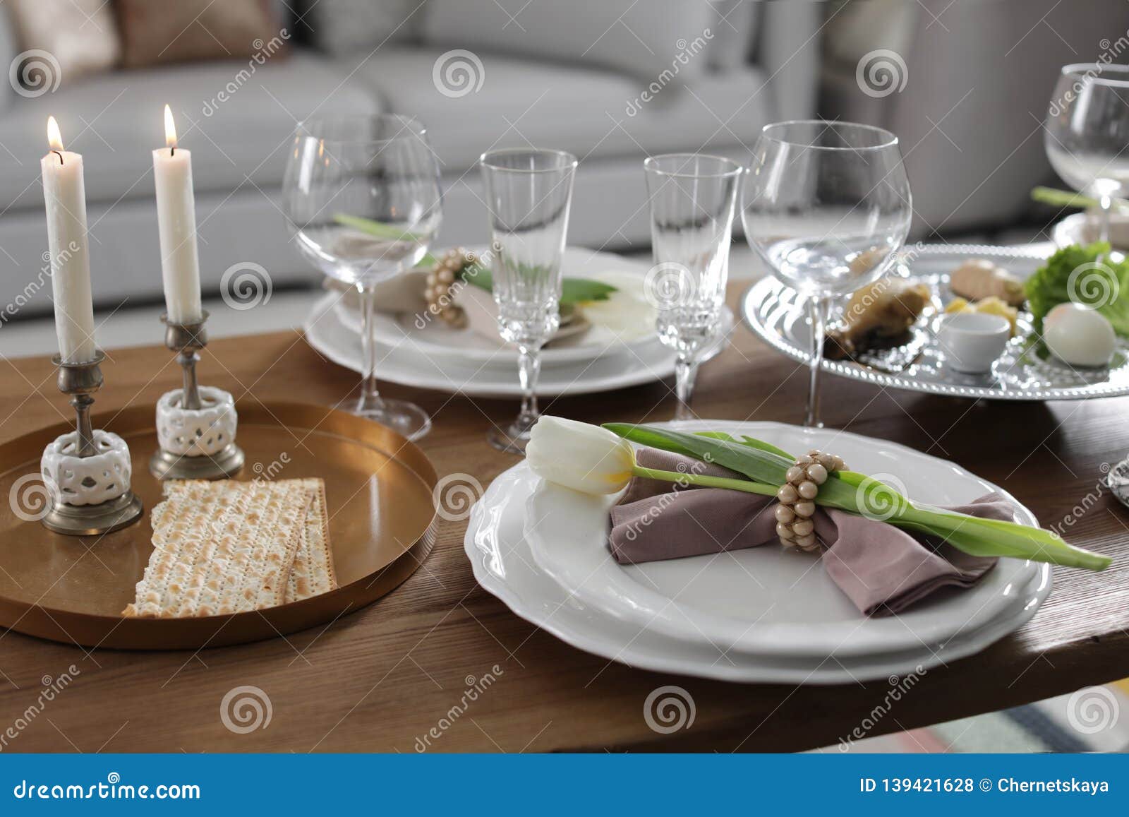 Festive Passover Table Setting at Home. Stock Photo - Image of flower ...