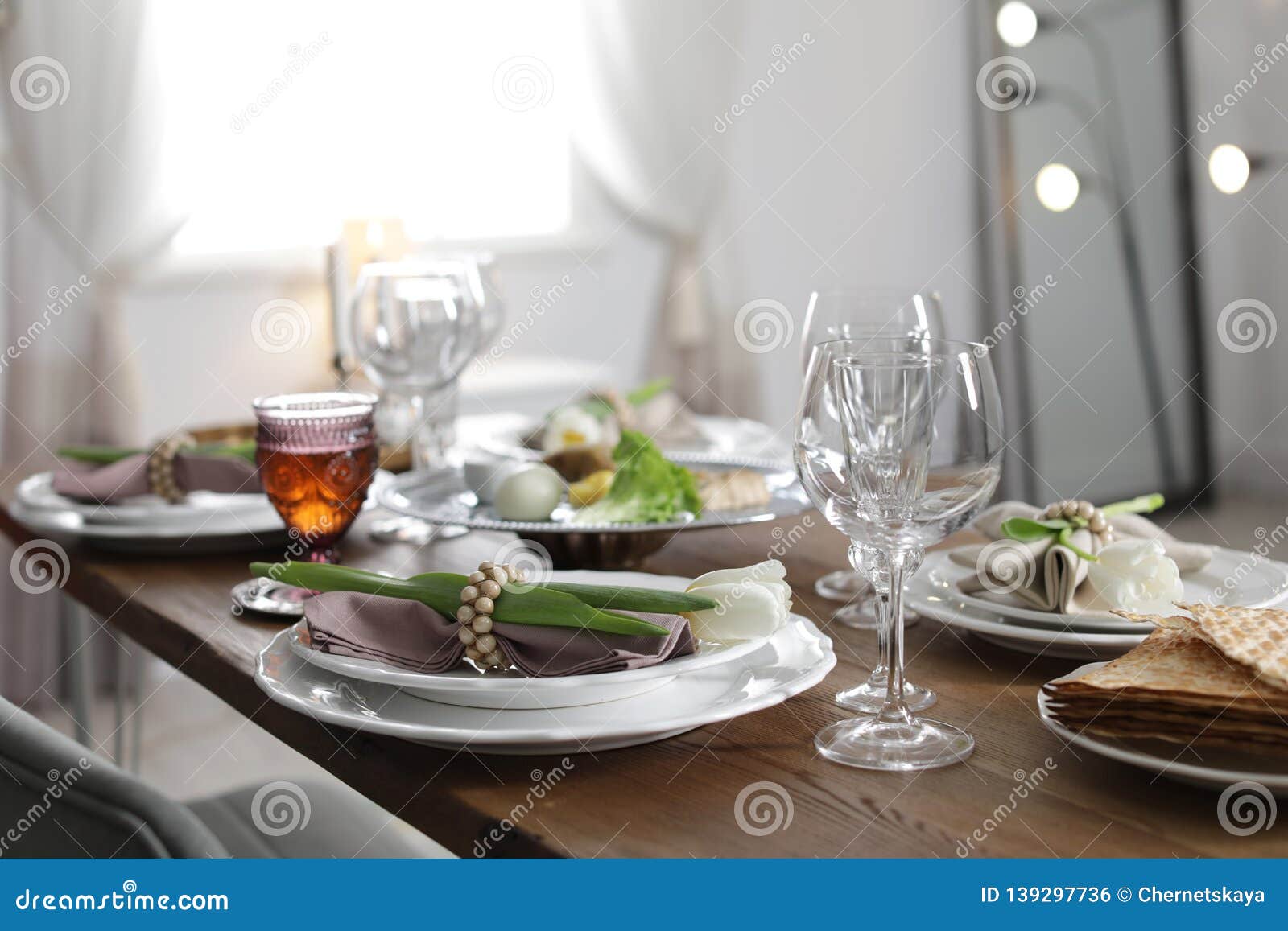 Festive Passover Table Setting at Home. Stock Photo - Image of flower ...
