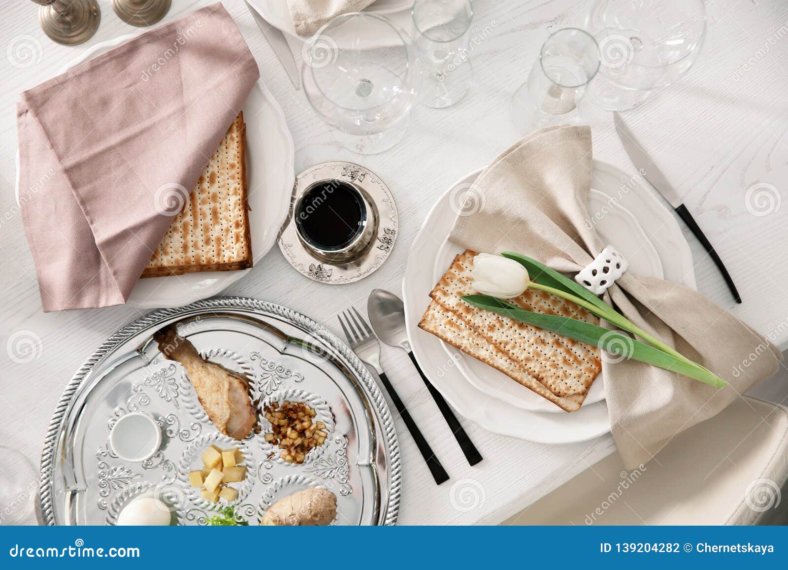 Festive Passover Table Setting, Top View. Stock Photo - Image of flower ...