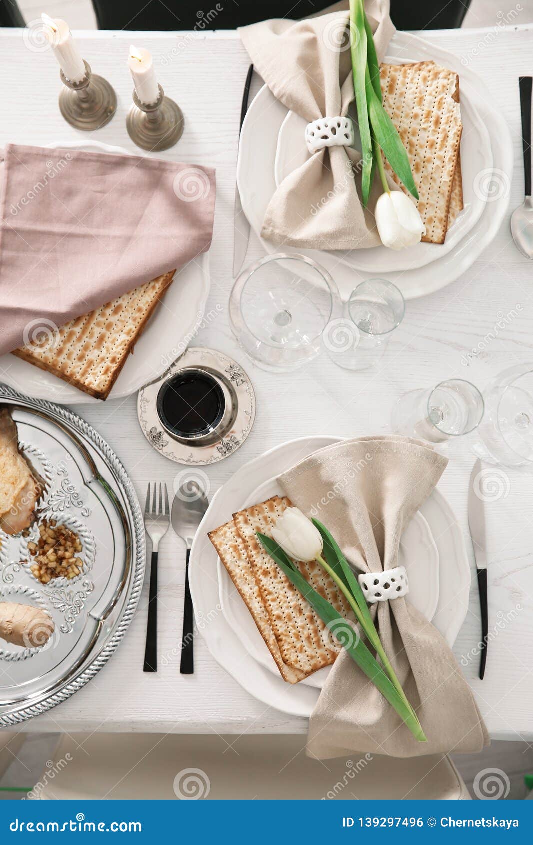 Festive Passover Table Setting, Top View. Stock Photo - Image of ...