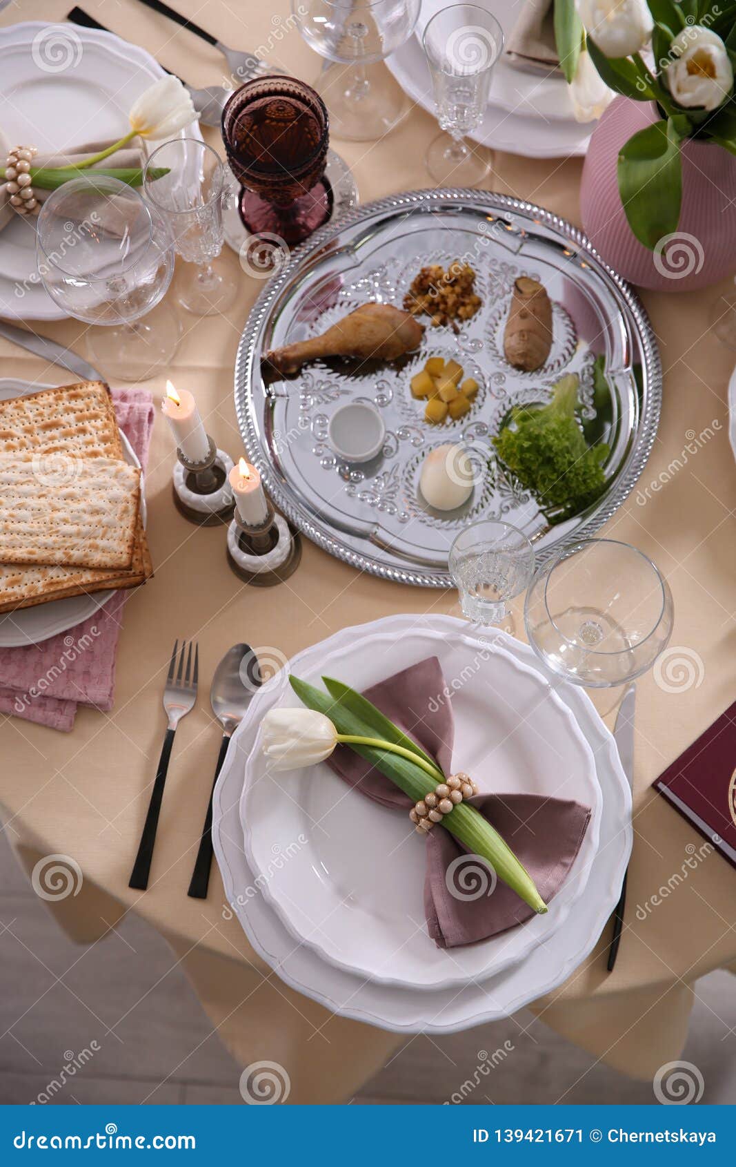 Festive Passover Table Setting, Top View. Stock Image - Image of ...