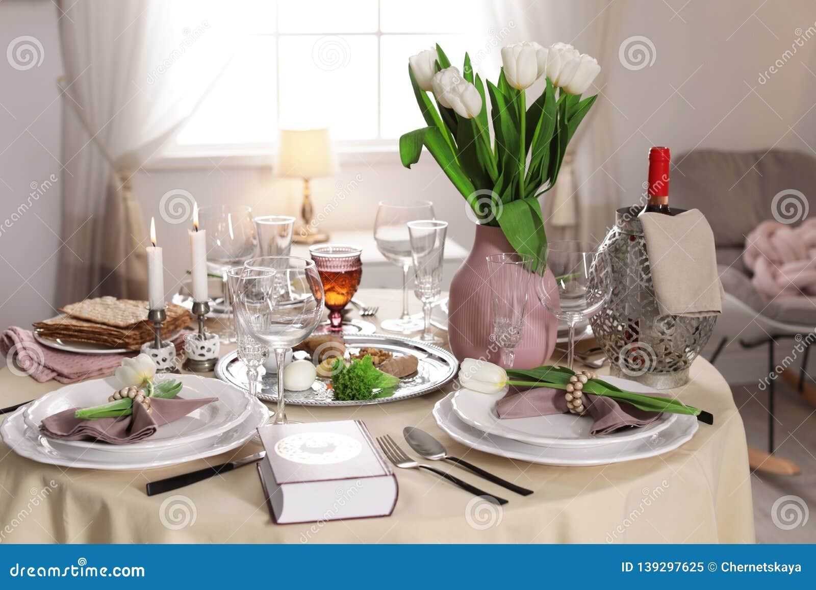 Festive Passover Table Setting with Torah at Home. Stock Image - Image ...