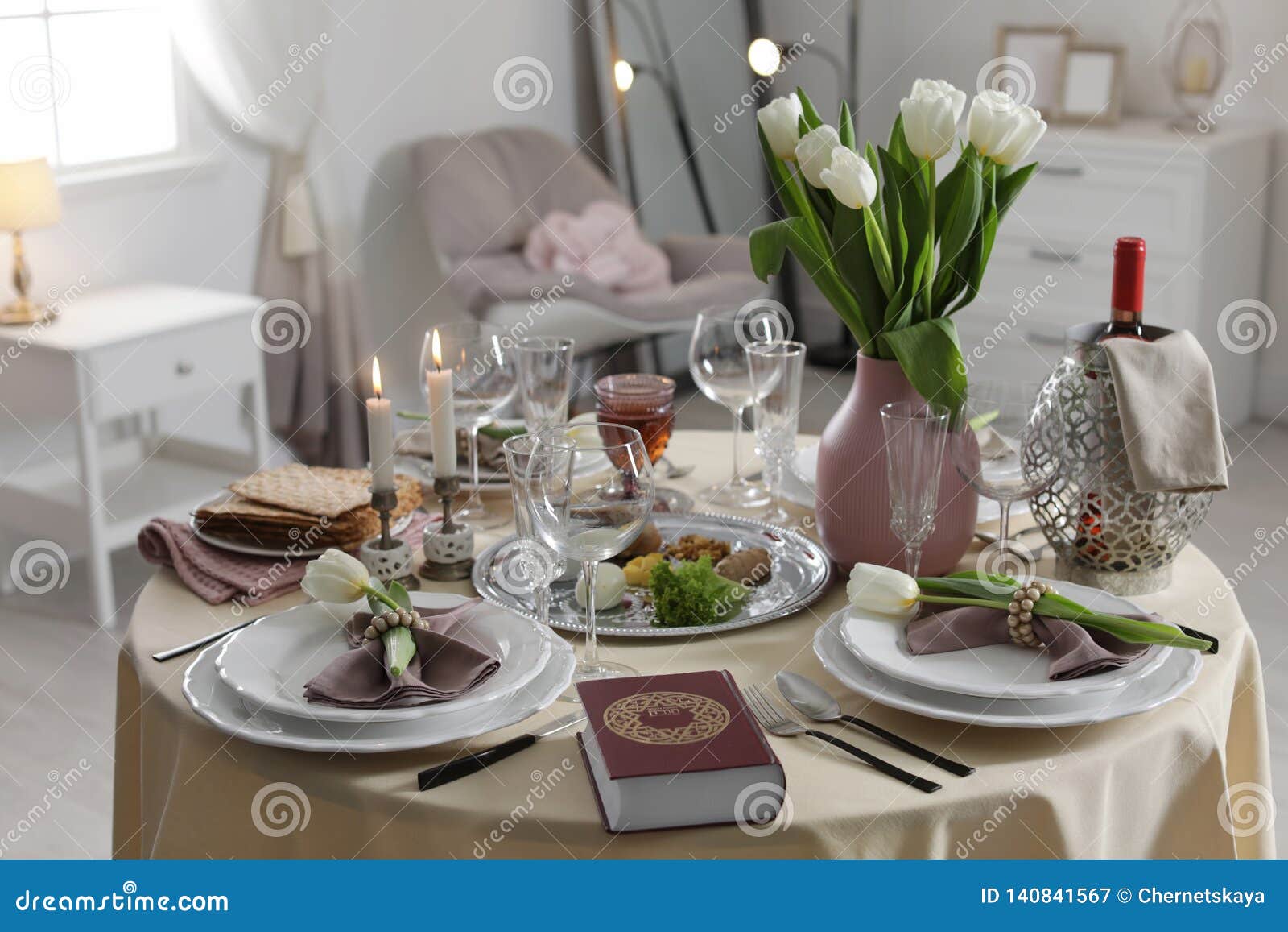 Festive Passover Table Setting with Torah at Home. Stock Image - Image ...