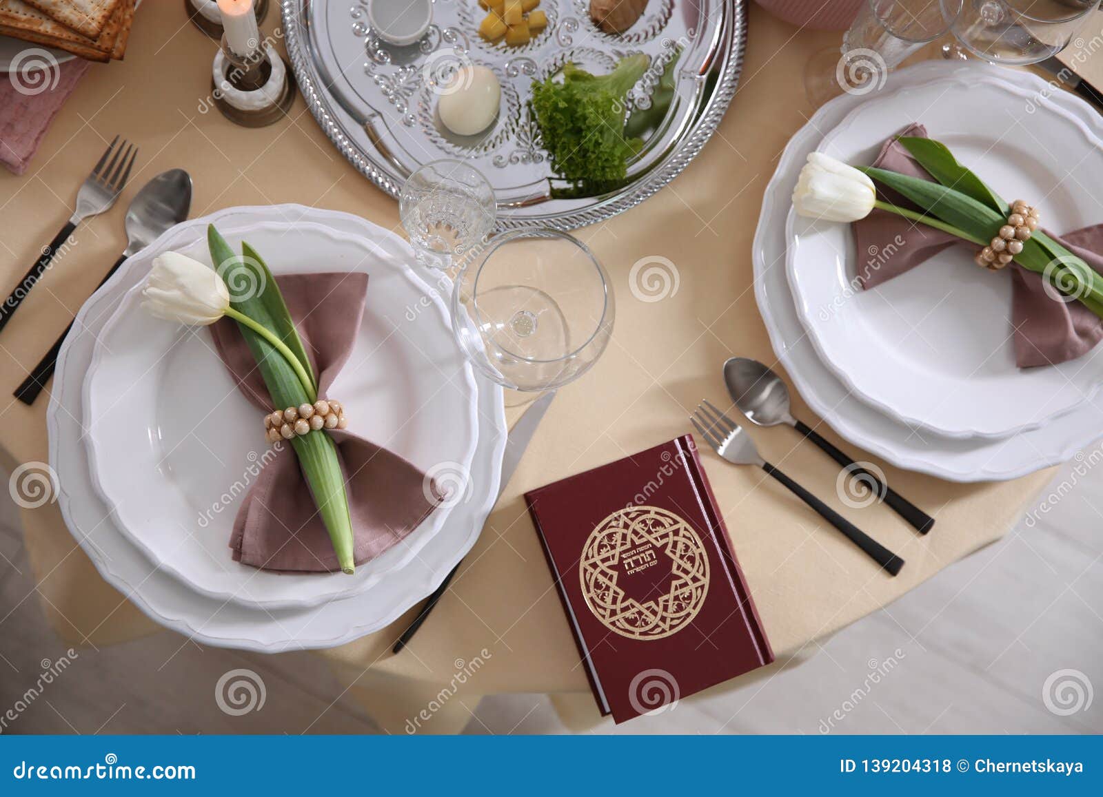 Festive Passover Table Setting with Torah, Top View. Stock Photo ...