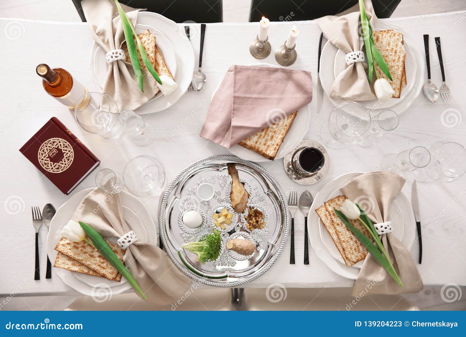 Festive Passover Table Setting with Torah, Top View. Stock Image ...