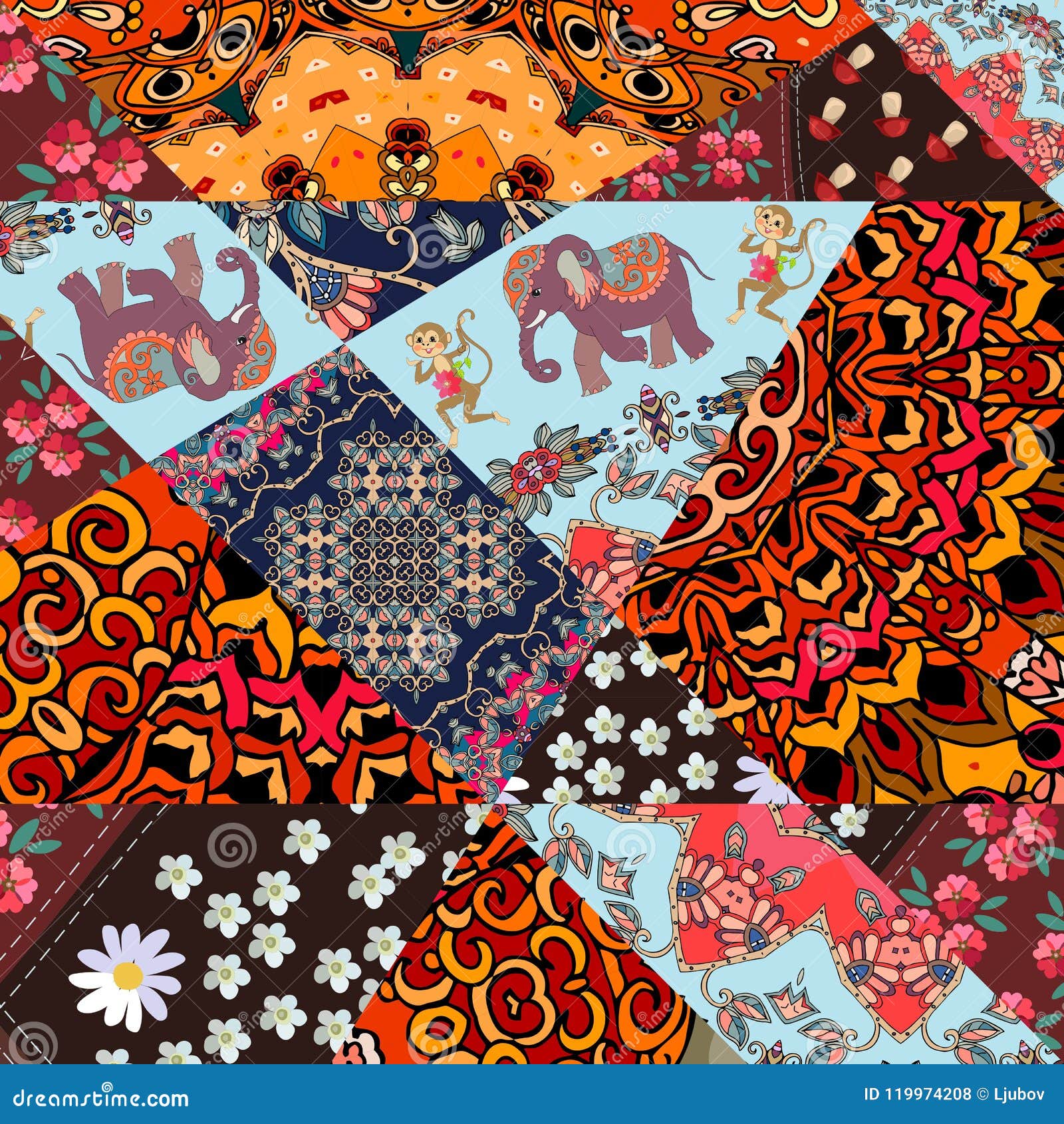 Festive Patchwork Pattern from Bright Patches with Cute Animals, Flower ...