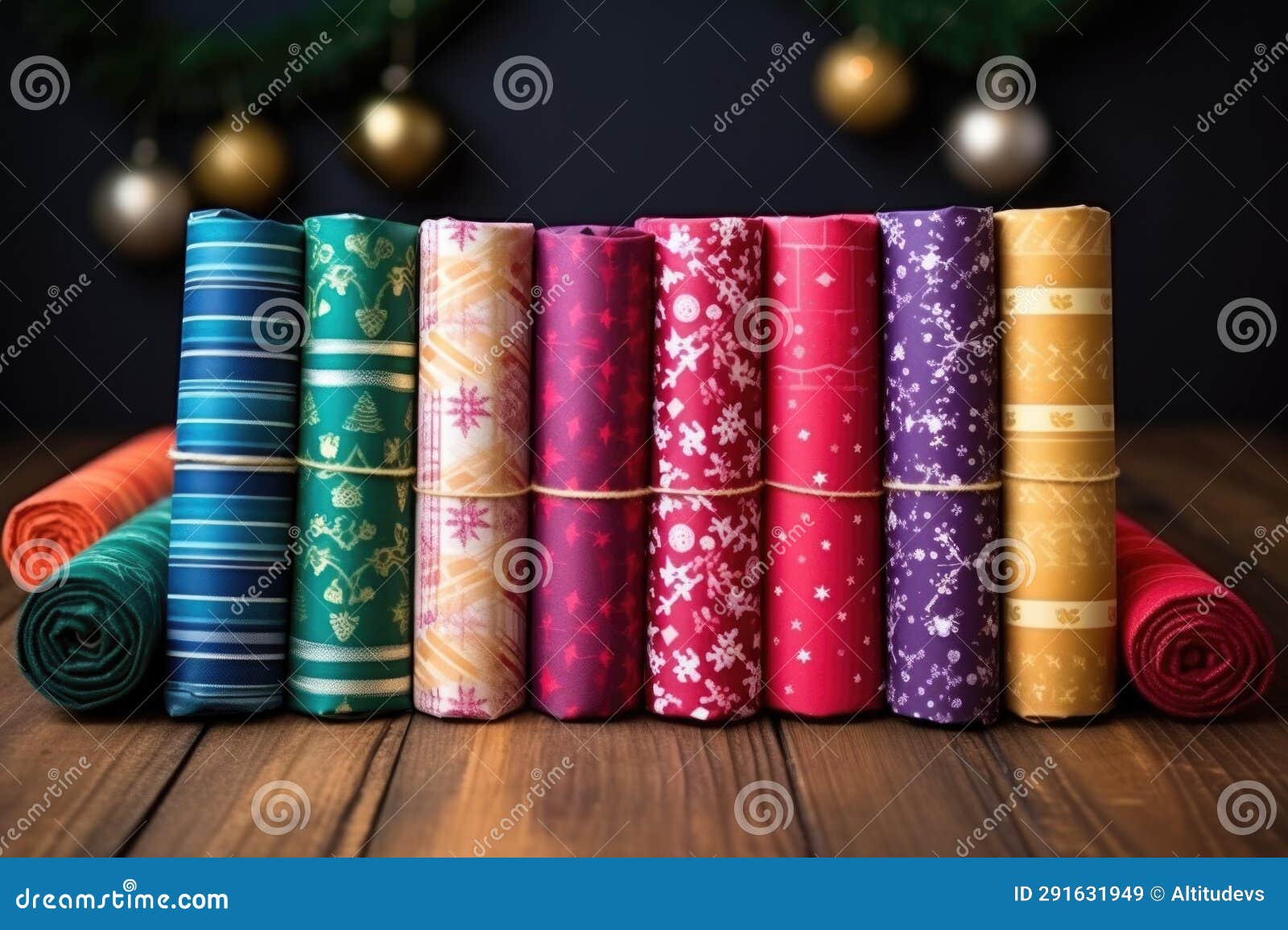 Festive Patterned Gift Wrap Rolls Aligned on a Table Stock Image ...