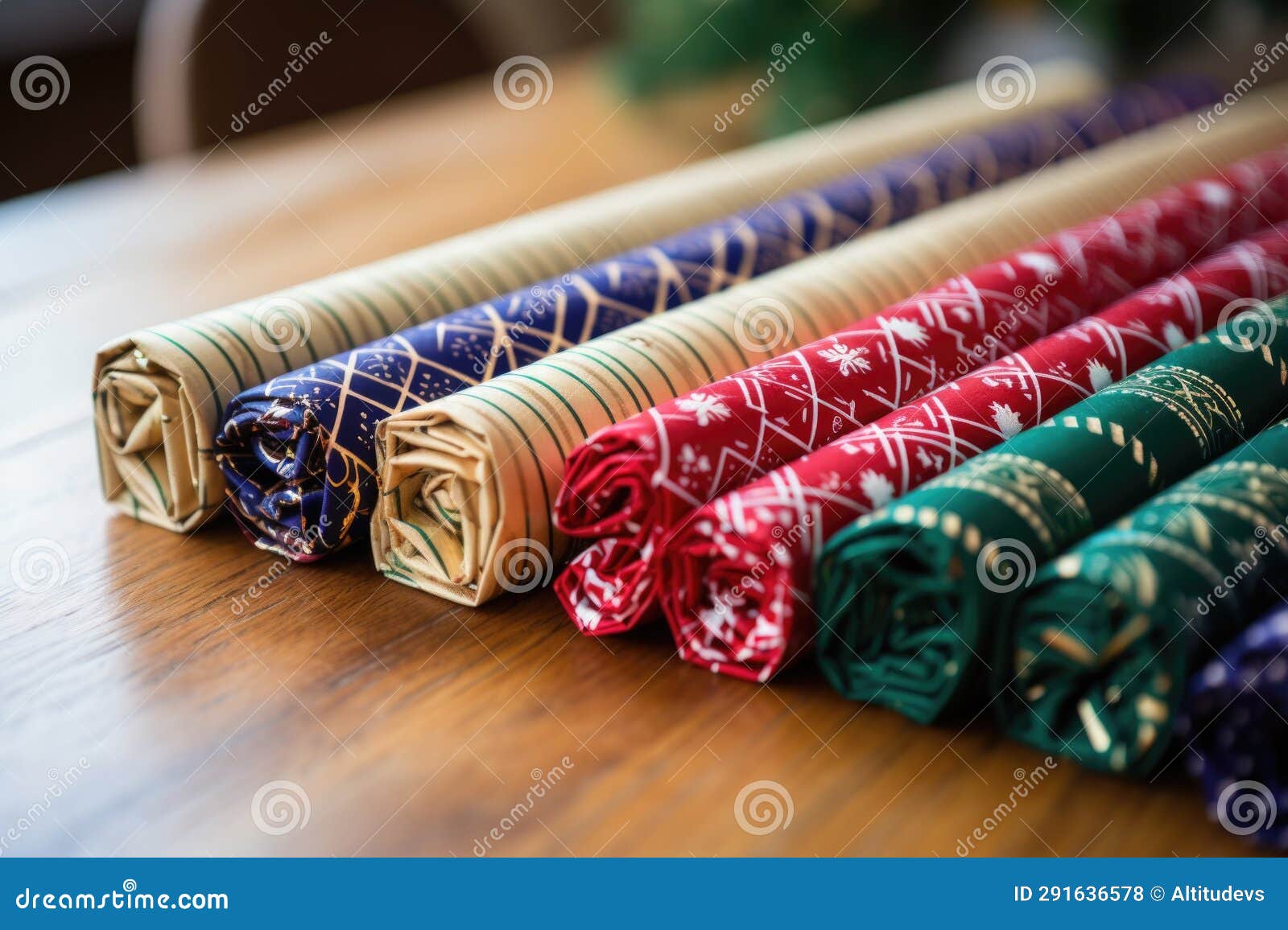 Festive Patterned Gift Wrap Rolls Aligned on a Table Stock Photo ...