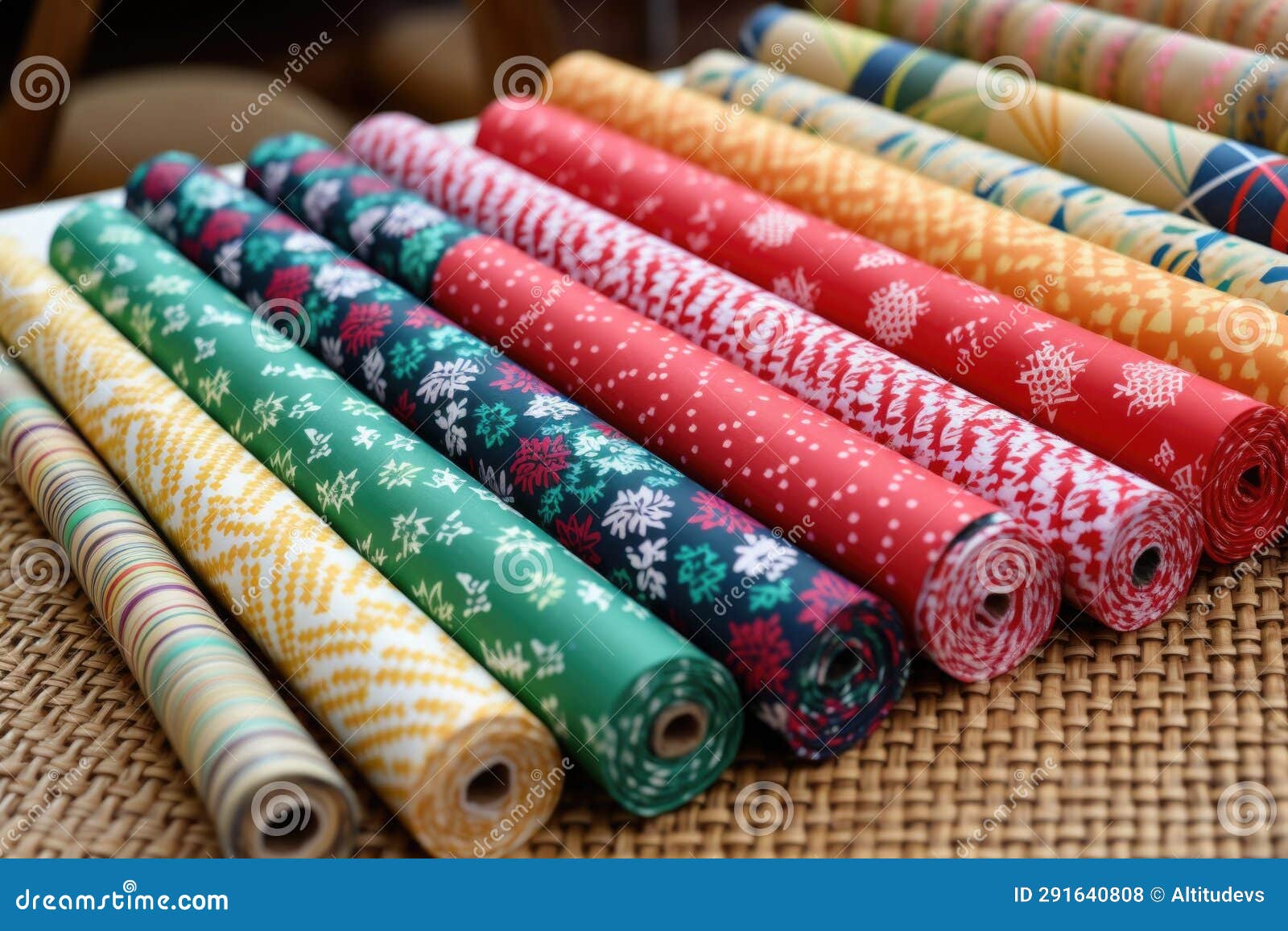 Festive Patterned Gift Wrap Rolls Aligned on a Table Stock Photo ...