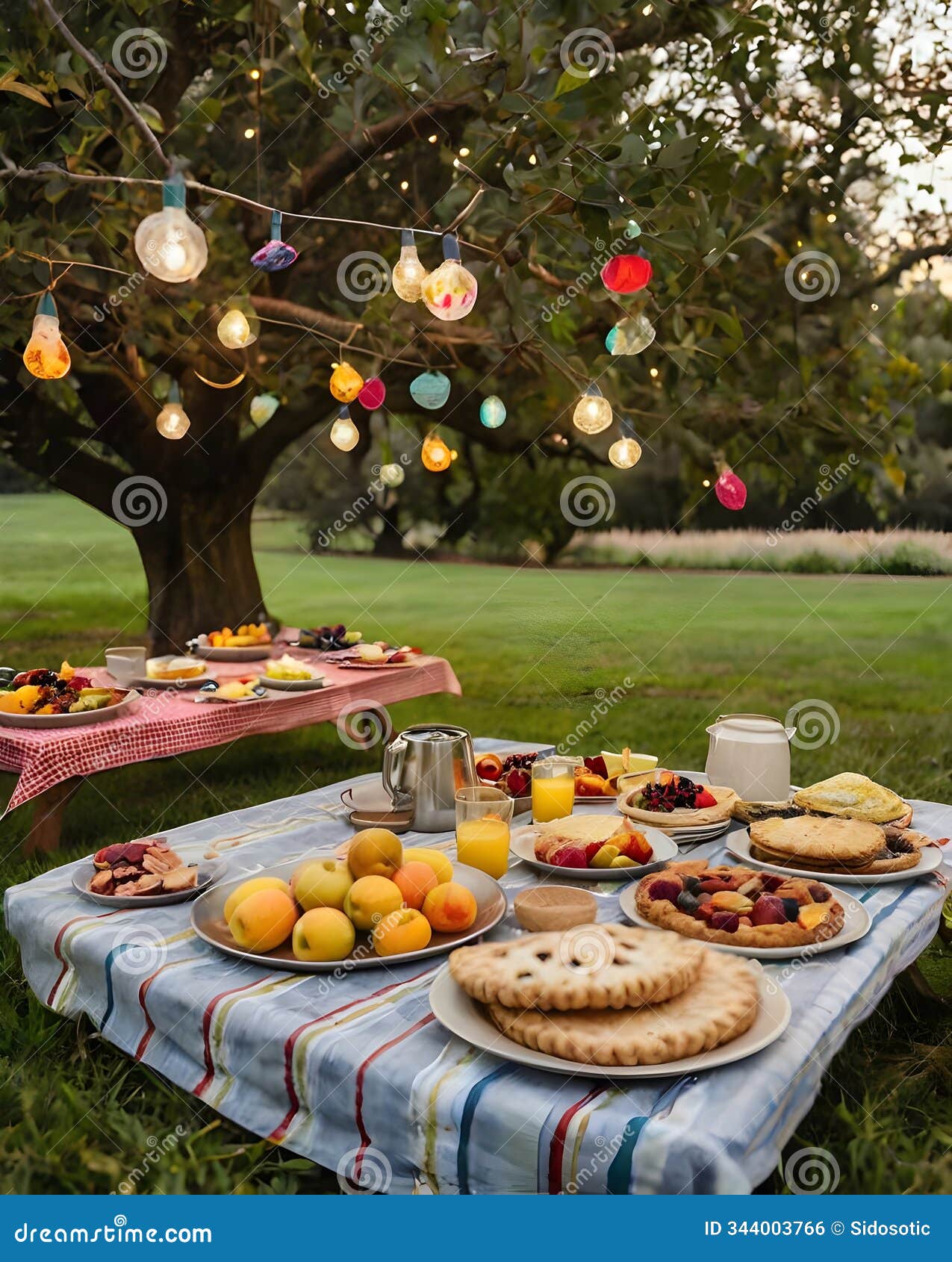Festive Picnic Table Under Tree with Delicious Food and Lights Stock ...