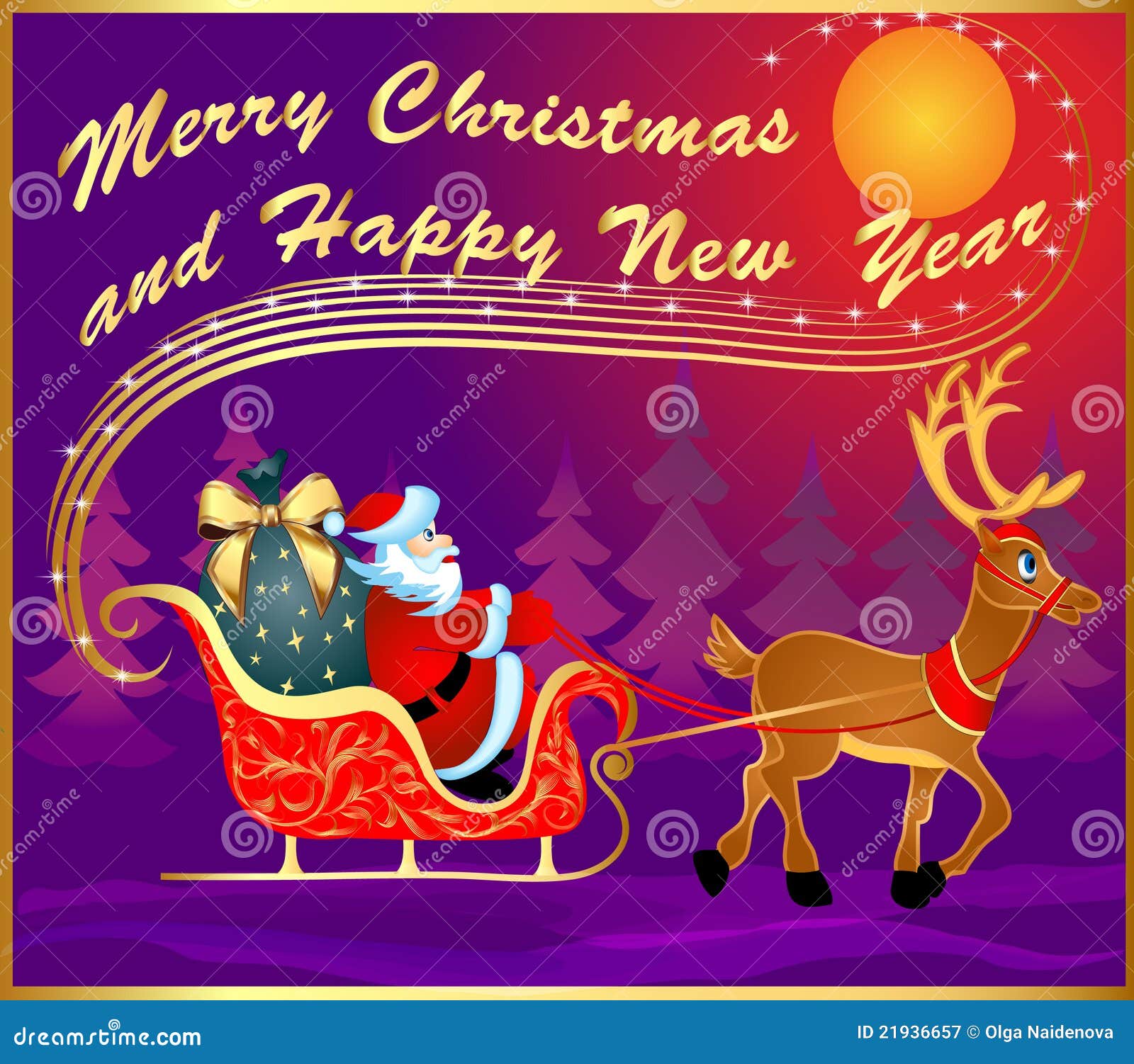 Festive Postcard with Deer Sled and Santa Stock Vector - Illustration ...