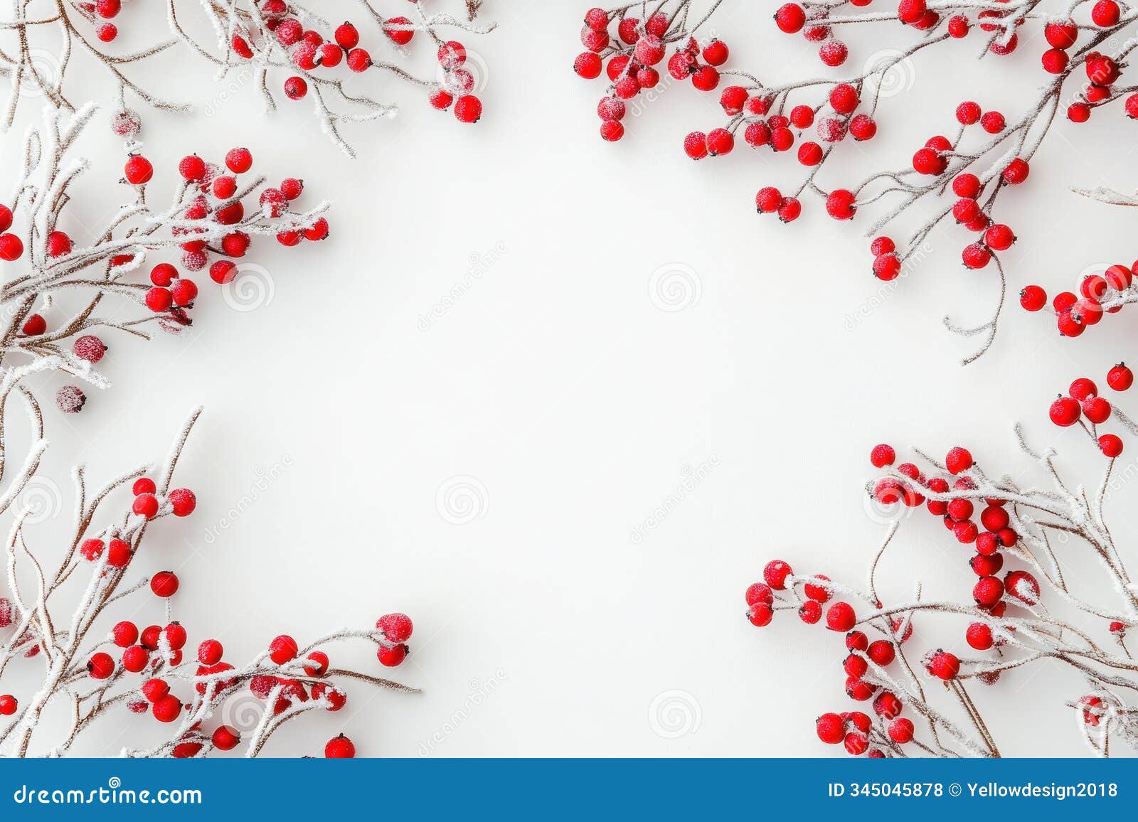 Festive Red Berries and Frosted Branches Frame on White Background ...