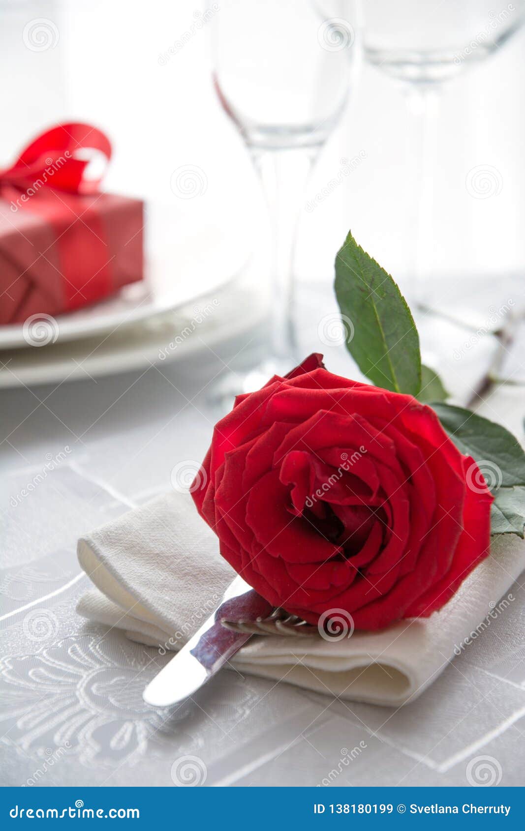 Festive or Romantic Dinner with Red Rose and Gift. Stock Image - Image ...