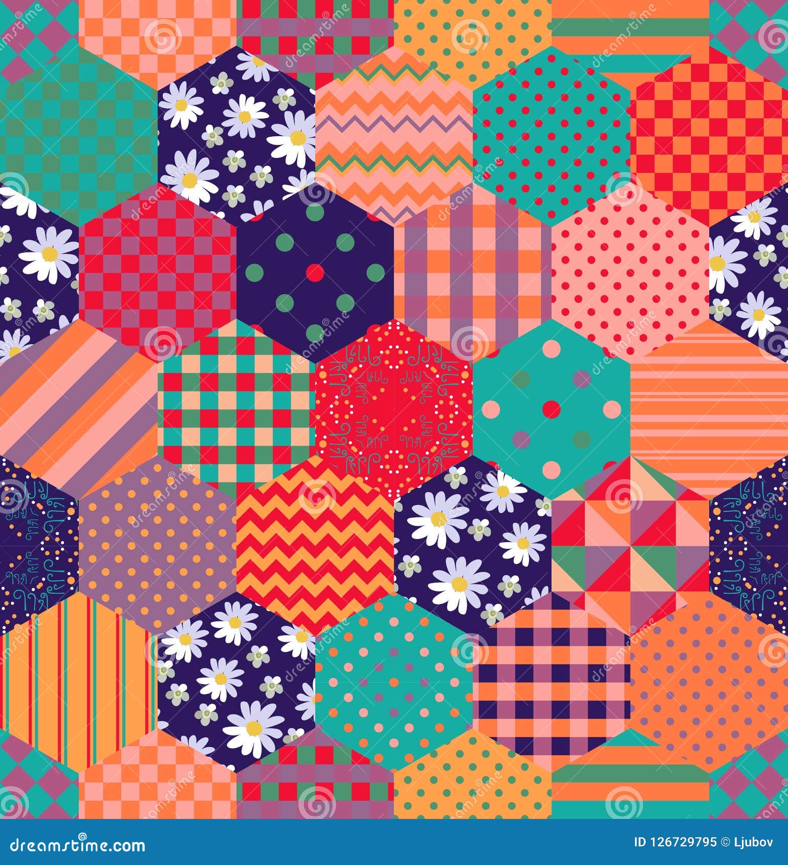 Festive Seamless Patchwork Pattern from Different Multicolor Hexagonal ...