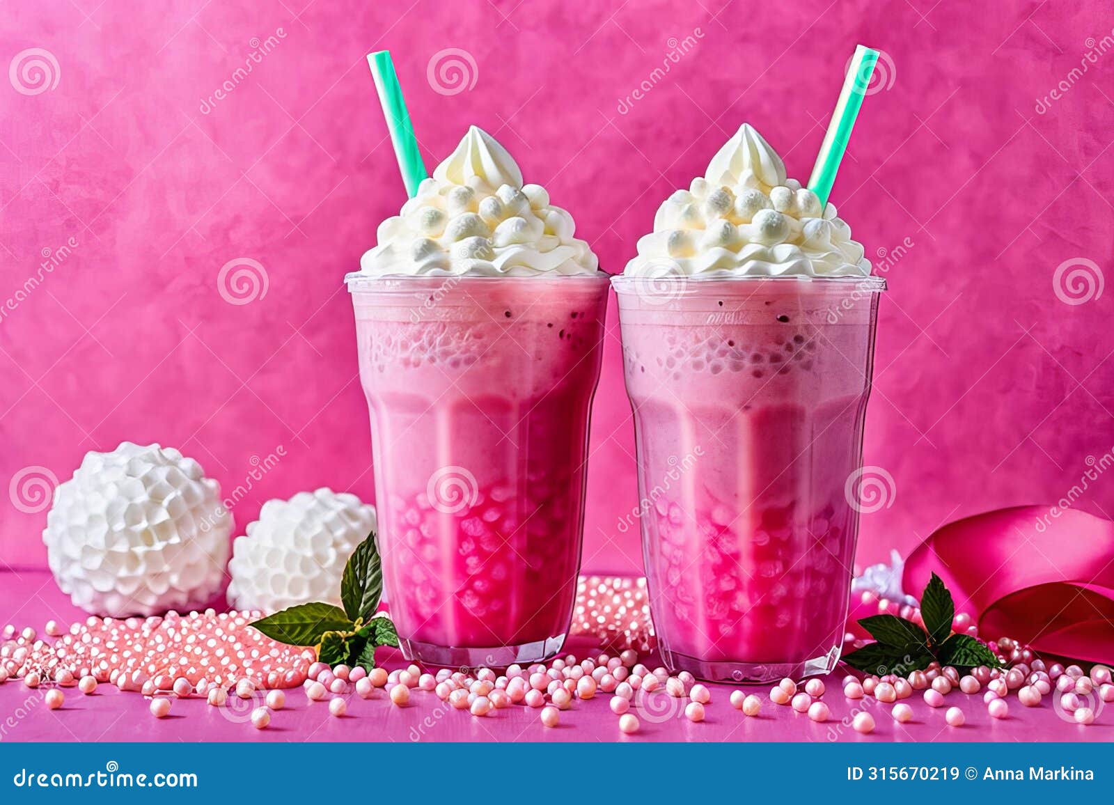Festive Setting with a Vibrant Pink Bubble Tea Crowned with Whipped ...