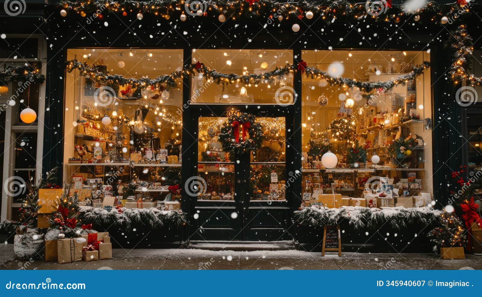 Festive Shop Window Display Under Falling Snow Stock Illustration ...
