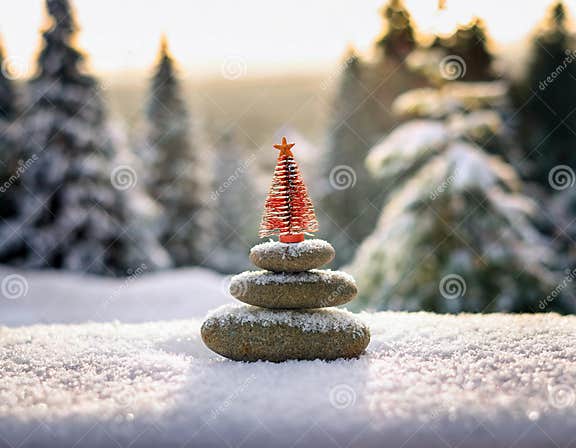 Festive Stack of Pebbles with Mini Christmas Tree and Snow-Covered ...