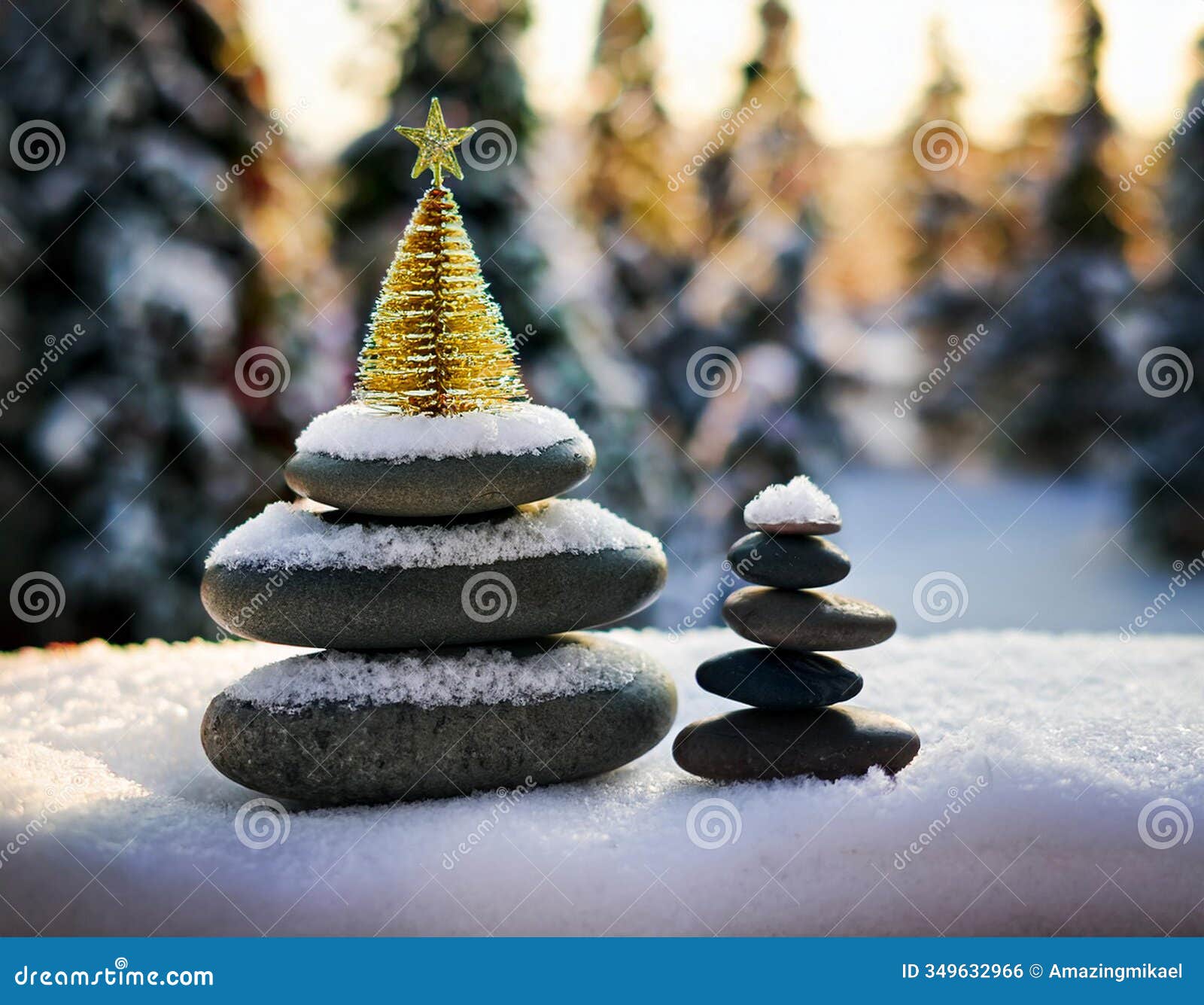 Festive Stack of Pebbles with Mini Christmas Tree and Snow-Covered ...