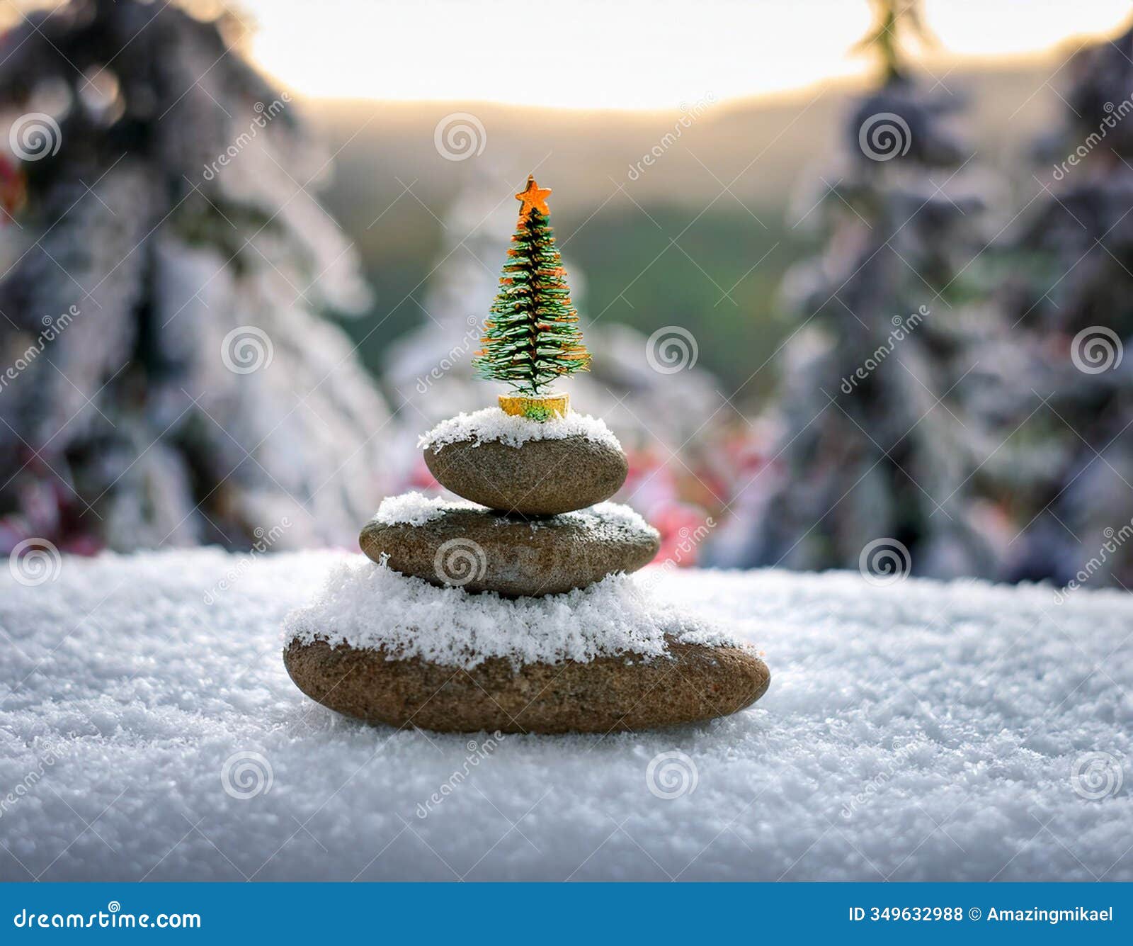 Festive Stack of Pebbles with Mini Christmas Tree and Snow-Covered ...