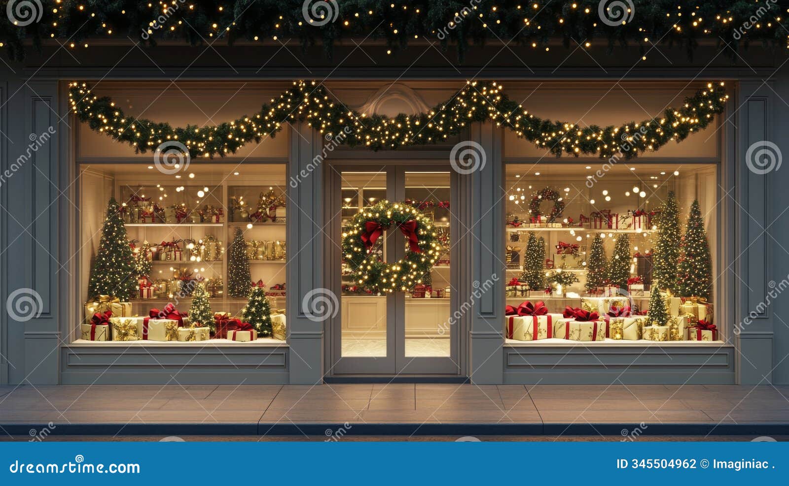 Festive Storefront Christmas Display with Presents, Trees, and Lights ...
