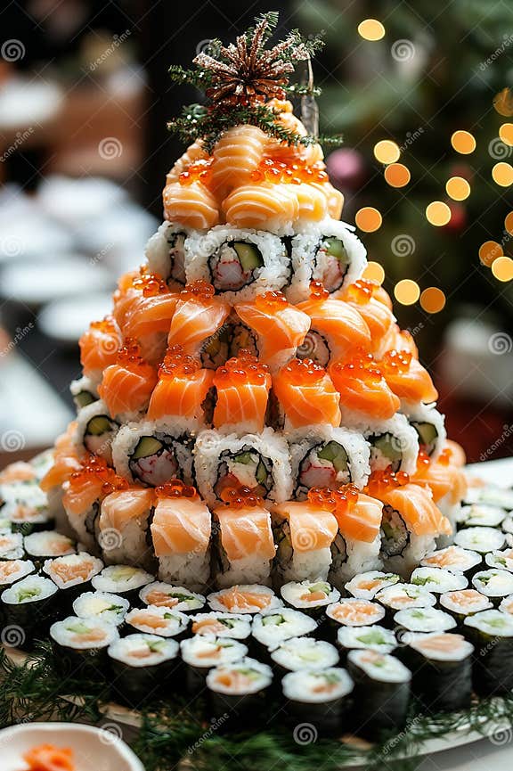 Festive Sushi Tree. a Whimsical and Festive Culinary Masterpiece Stock ...