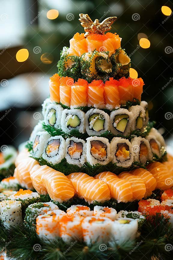 Festive Sushi Tree. a Whimsical and Festive Culinary Masterpiece Stock ...