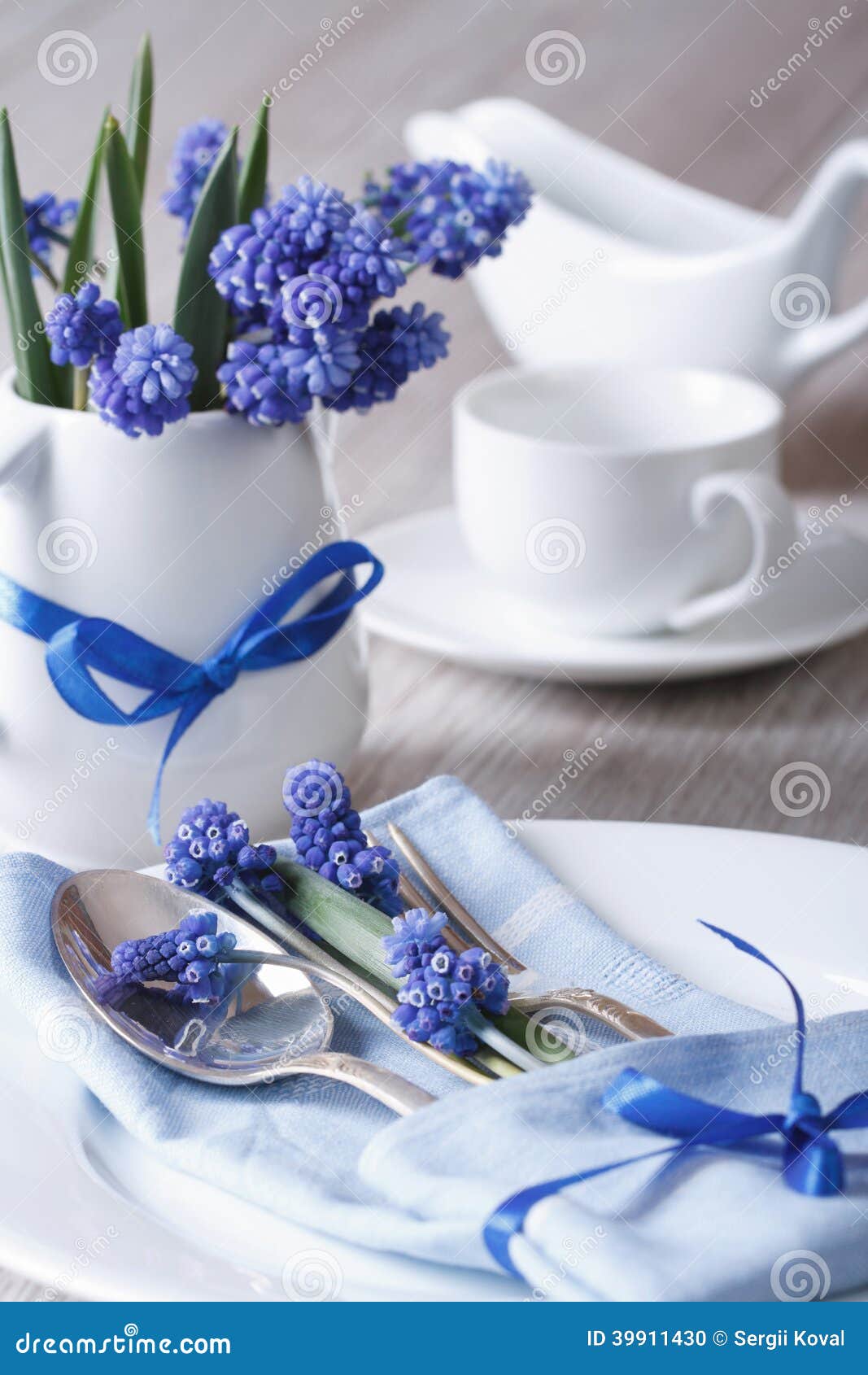 Festive Table Setting with Blue Flowers Closeup Stock Photo - Image of ...