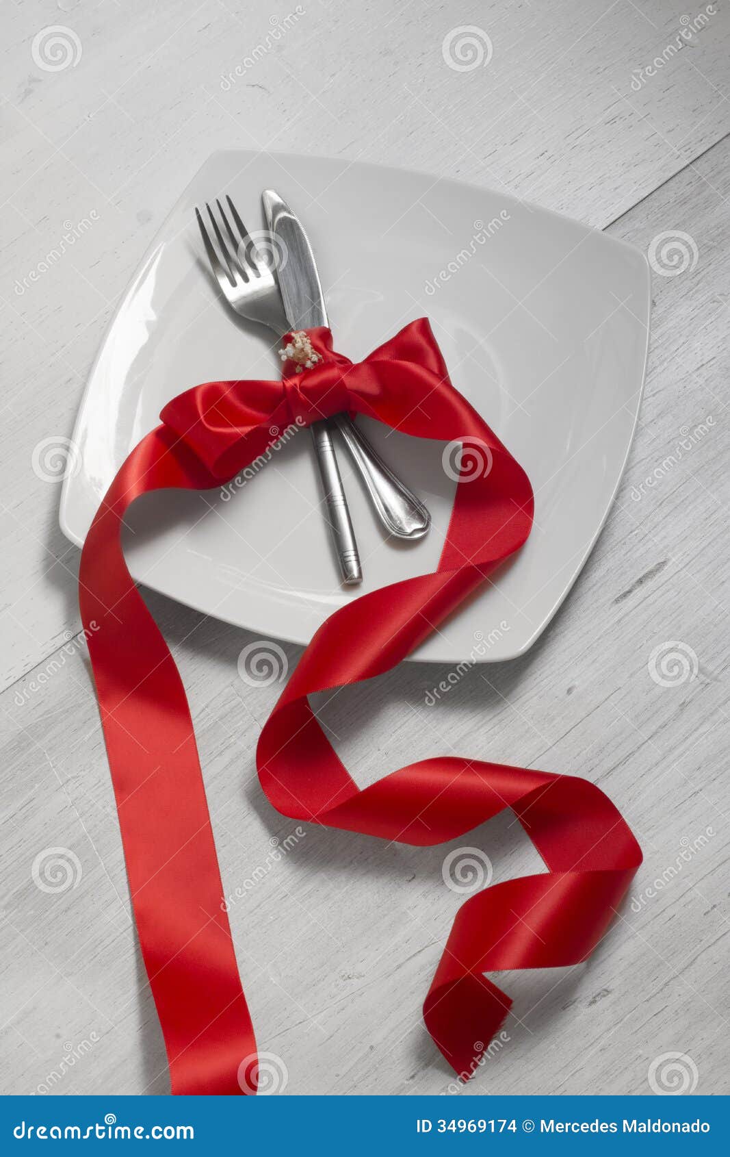 Festive Table Setting and Decoration with Red Ribbon Stock Photo ...
