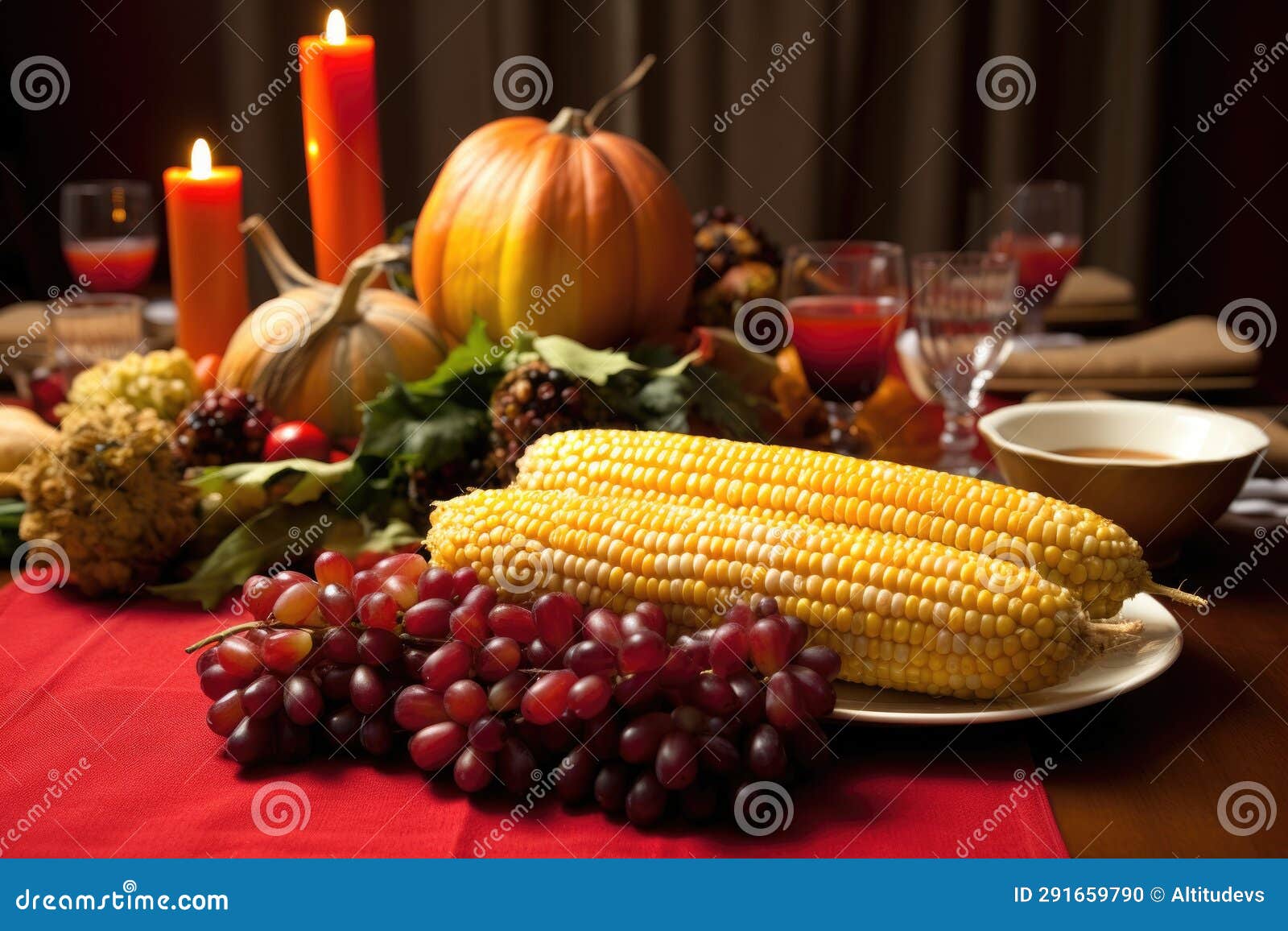 Festive Table Setting for Kwanzaa with Fruit and Corn Stock Photo ...