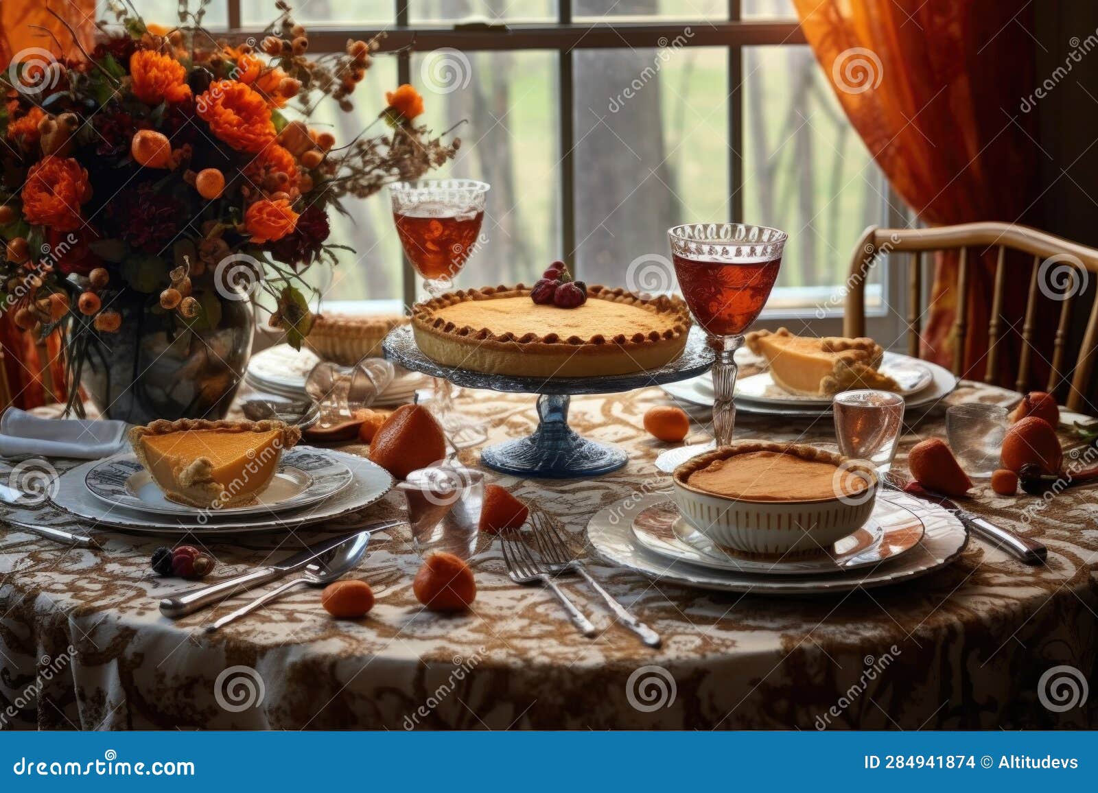 Festive Table Setting with Pumpkin Pie Centerpiece Stock Illustration ...