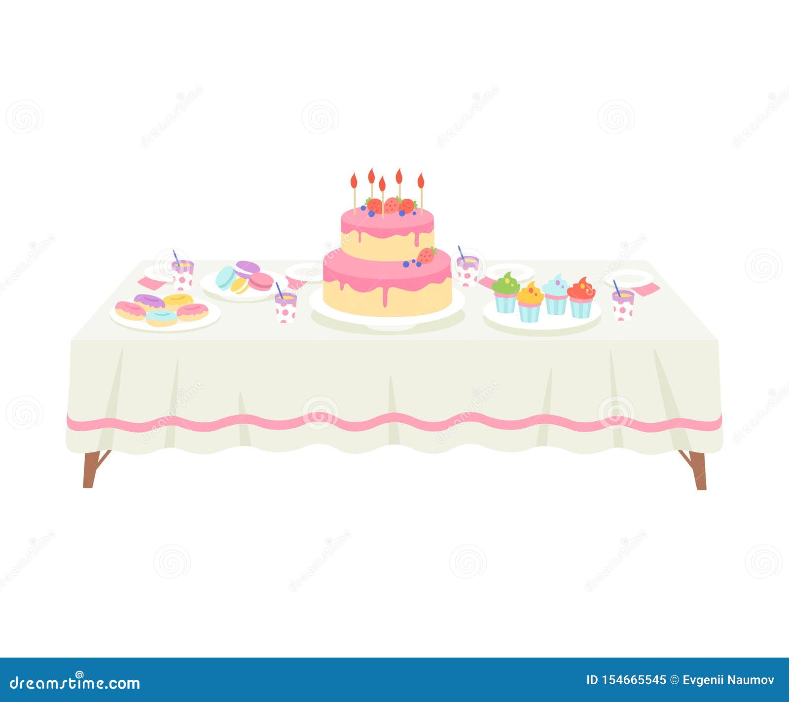 Festive Table with White Tablecloth Setting with Cake with Candles and ...