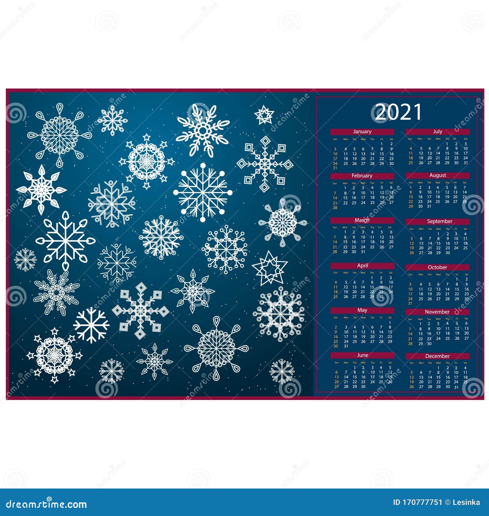 Calendar for 2021 Snowflakes Background Blue Stock Vector ...