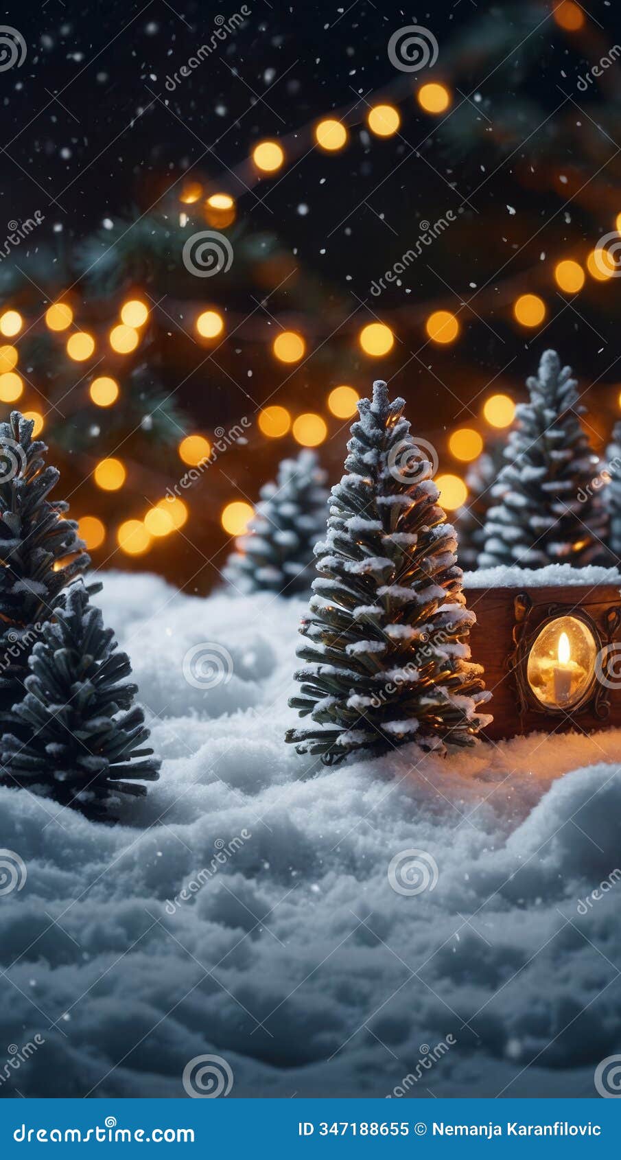 Festive Winter Scene with Christmas Decorations, Trees, and Twinkling ...