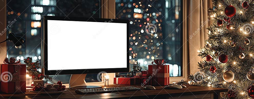Festive Workspace: a Desk Decorated with a Computer and a Christmas ...