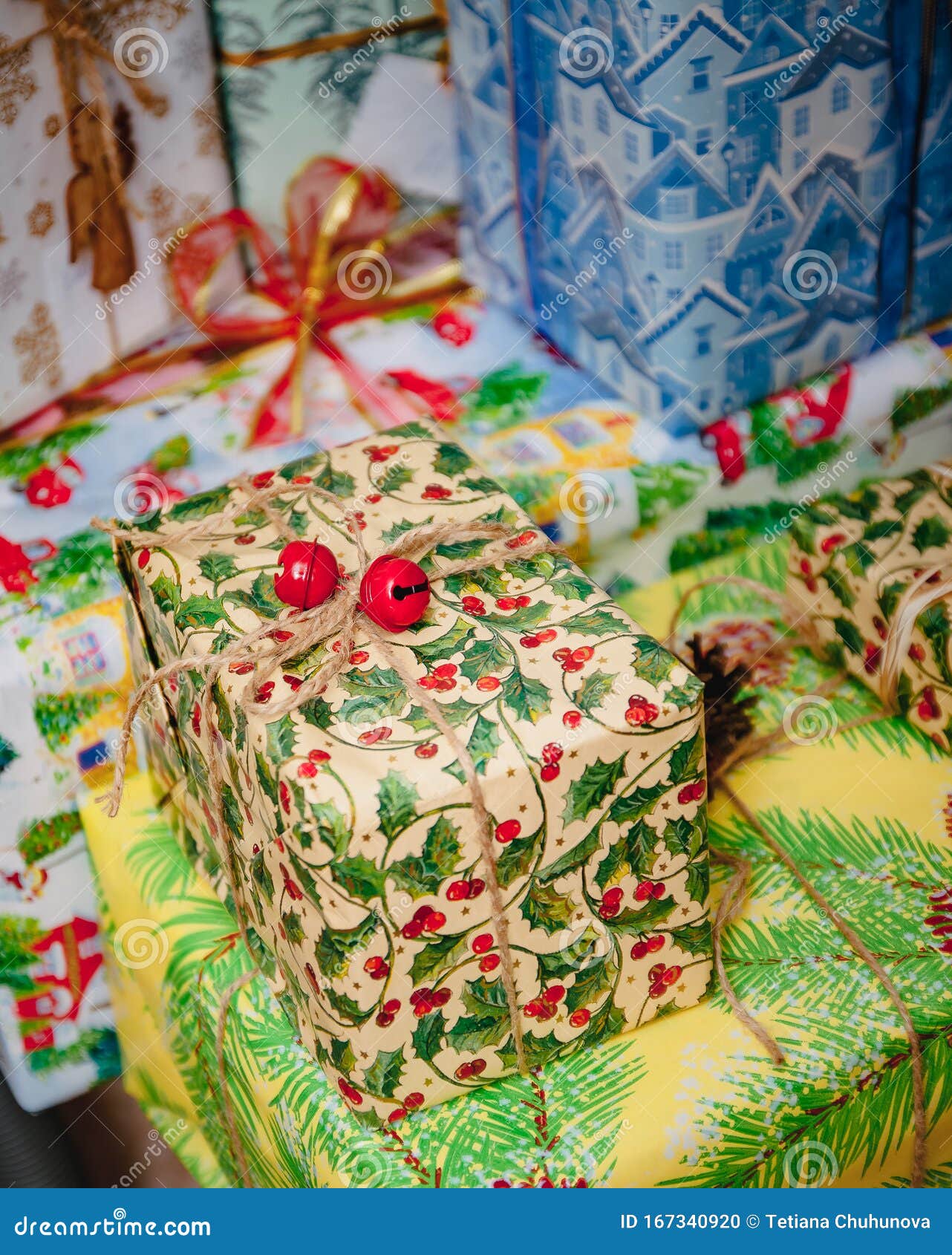 Festively Wrapped Christmas Presents. Close-up Stock Photo - Image of ...