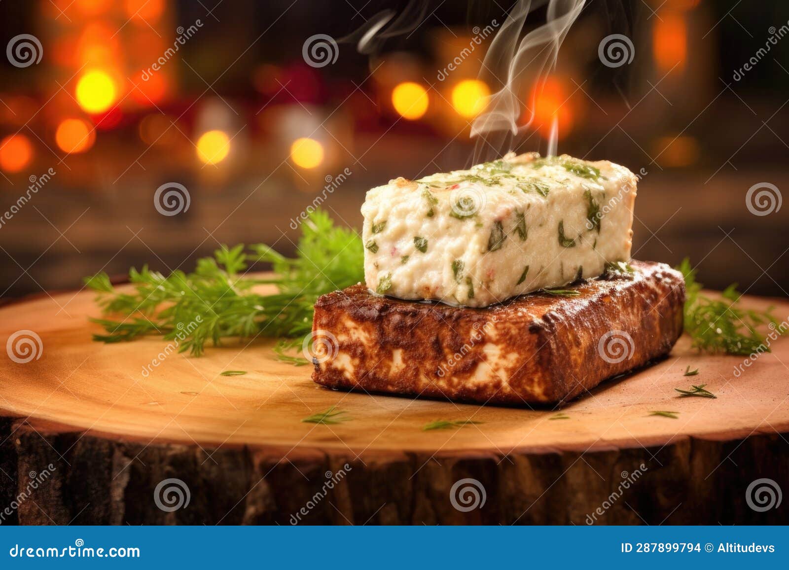 Feta Cheese Grilling on Cedar Plank with Flame Background Stock Photo ...