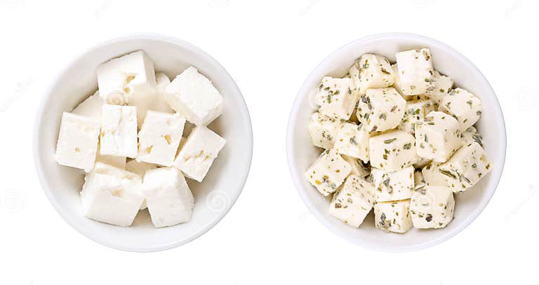 Greek Feta Cubes, Brined Cheese with Mediterranean Herbs, in a Wooden ...