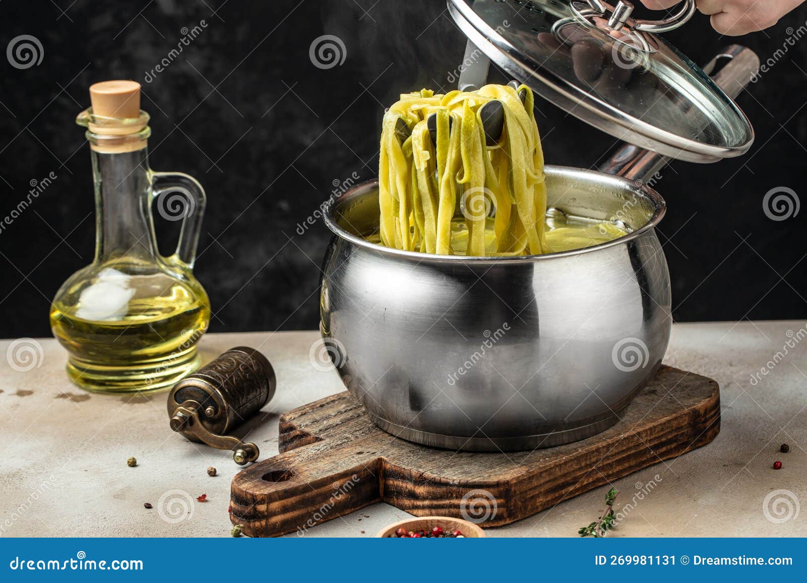 Fettuccine Pasta in Pan Cooking in Boiling. Top View Stock Image ...