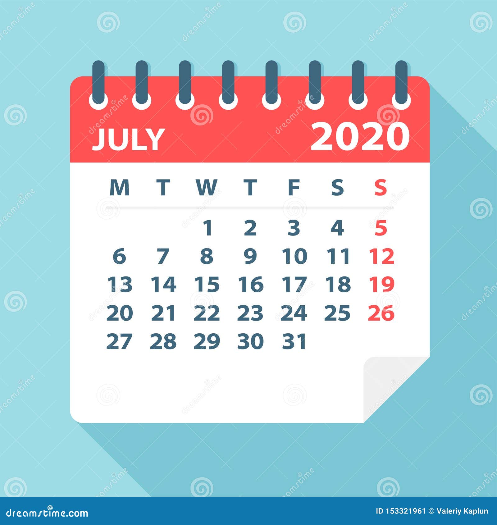 Feuille De Calendrier Juillet 2020 - Illustration Vectorielle ...